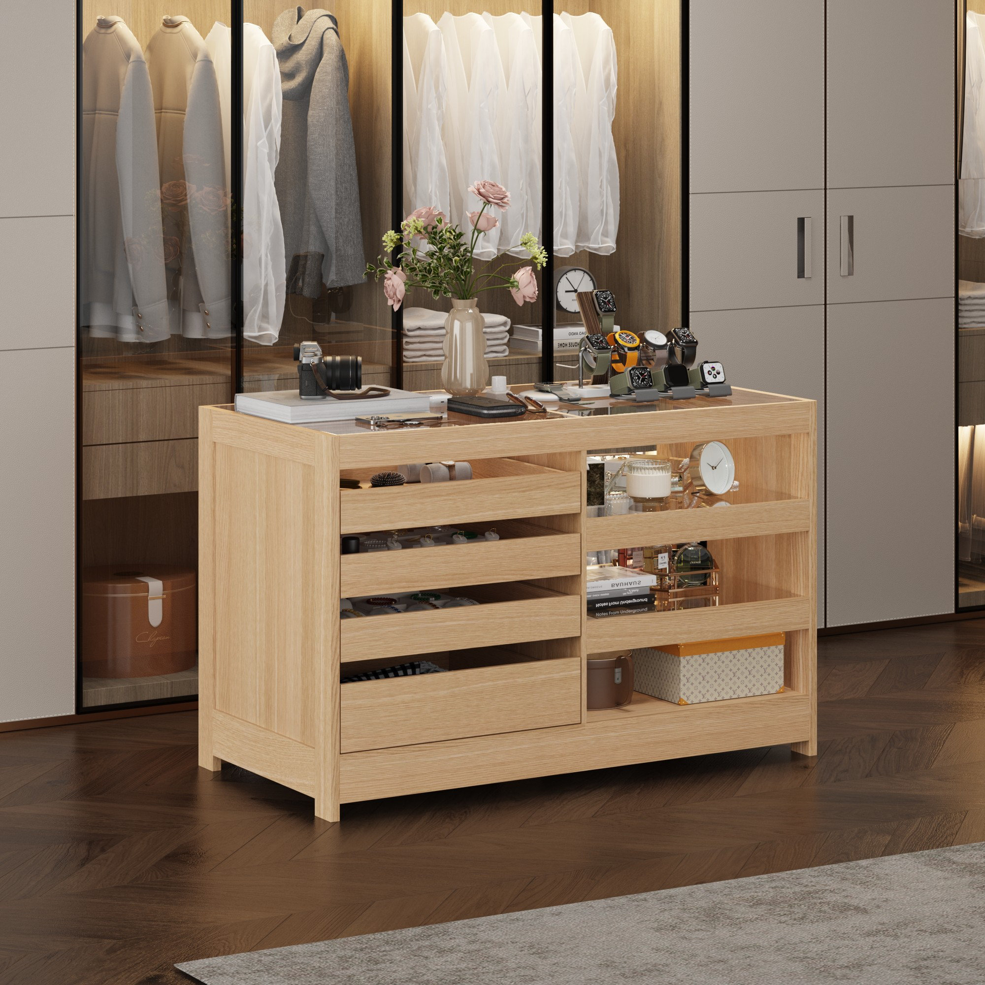 Latitude Run® Elegant Walk-In Closet Island With Glass Top Display And ...