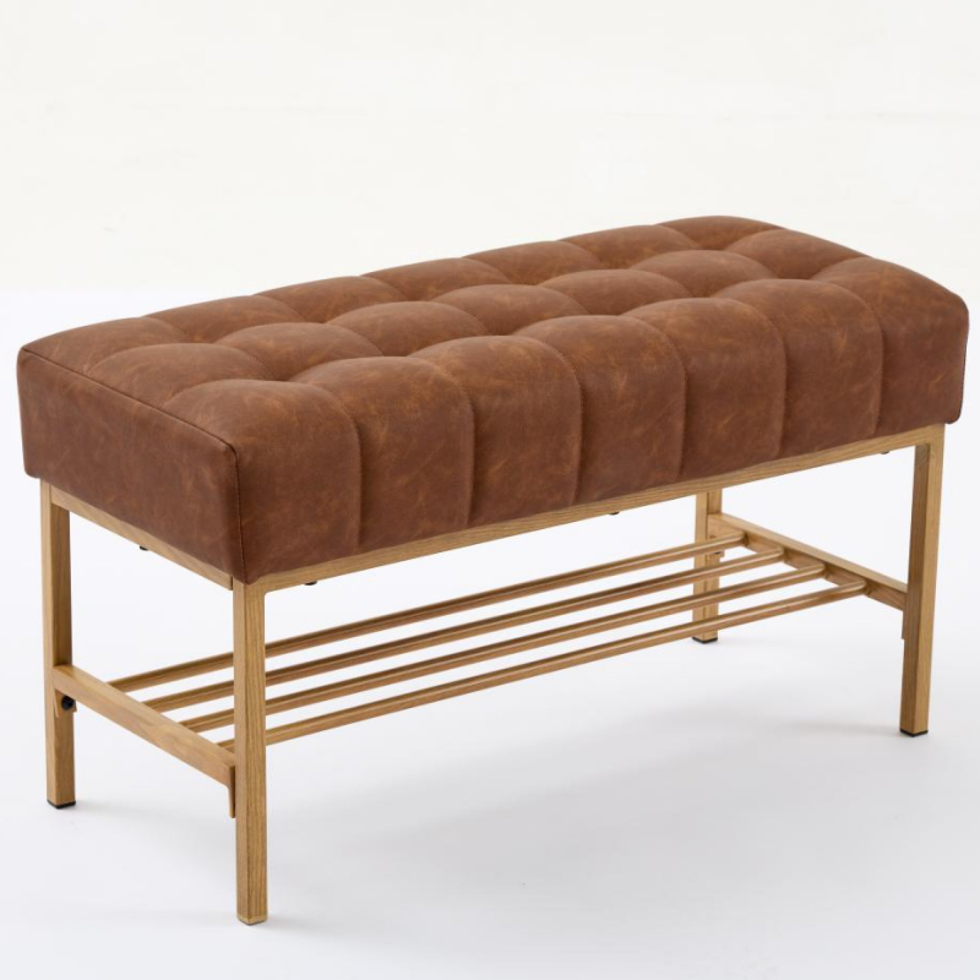 Latitude Run® Retro brown leather bed end bench with storage shelf ...