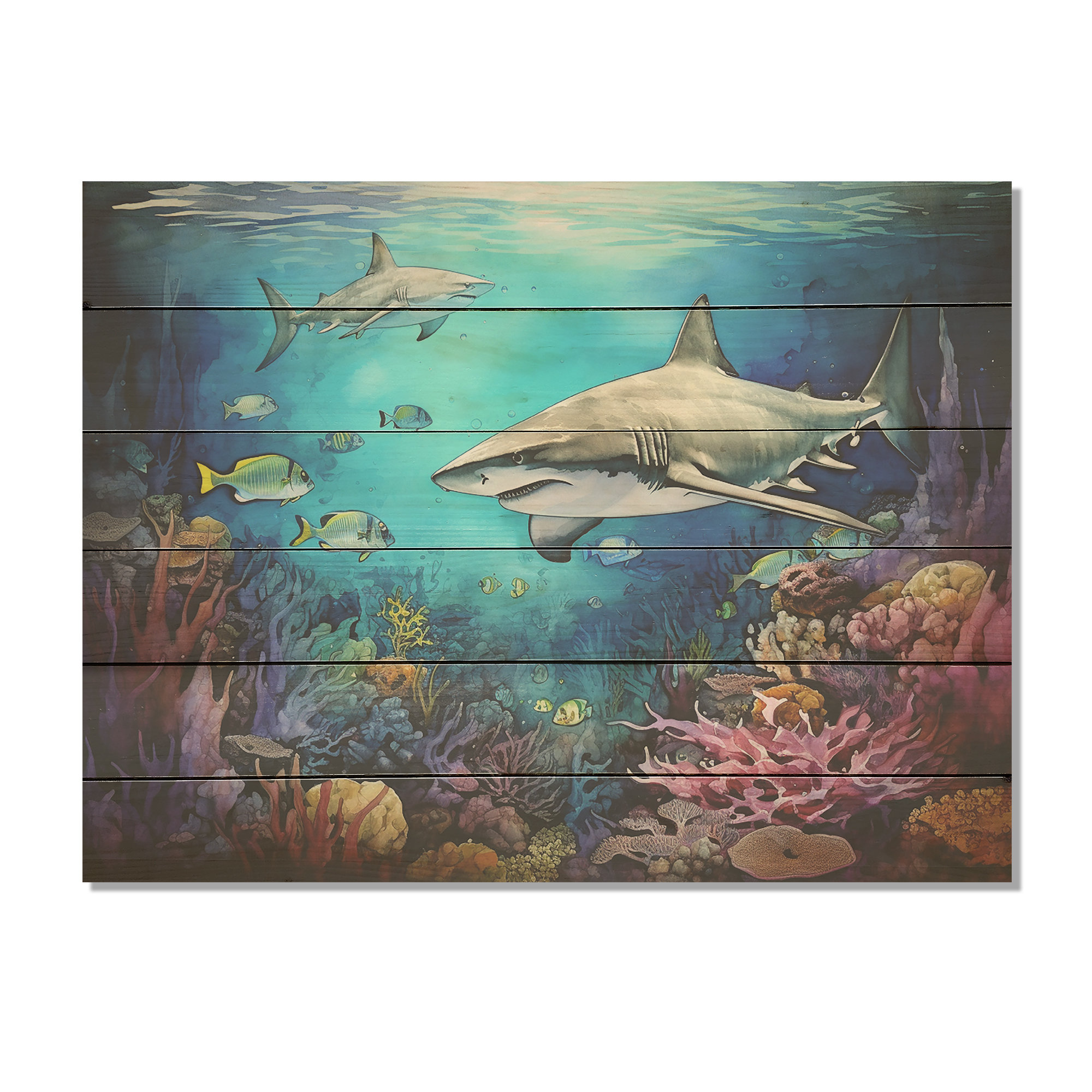 Highland Dunes Shark Haven Under Water Painting I - Shark Wood Art On ...