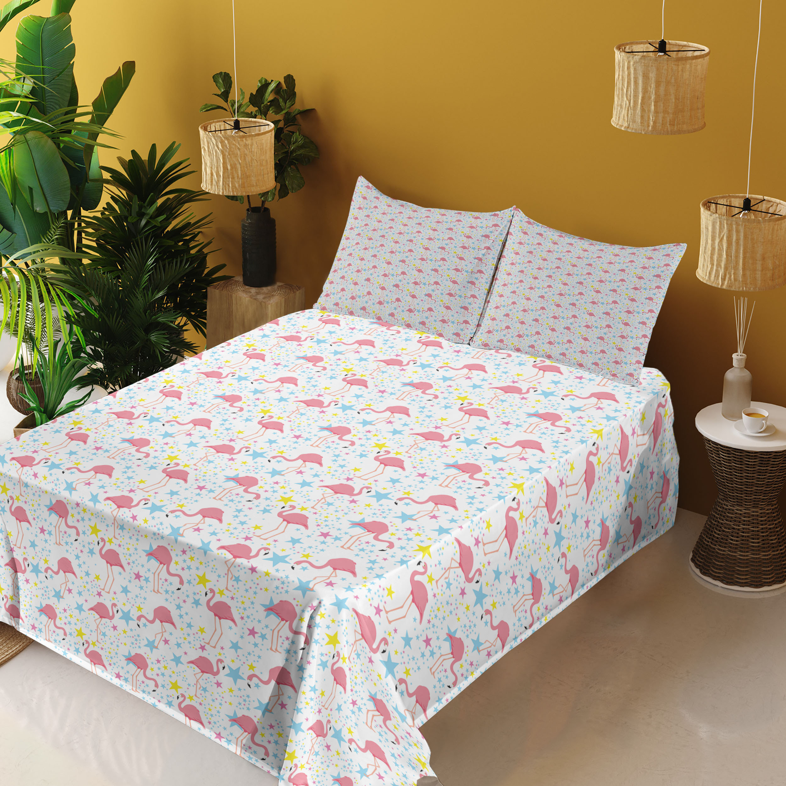 Ambesonne Flamingo Sheet Set 4 Pcs Tropical Birds with Stars Pastel ...