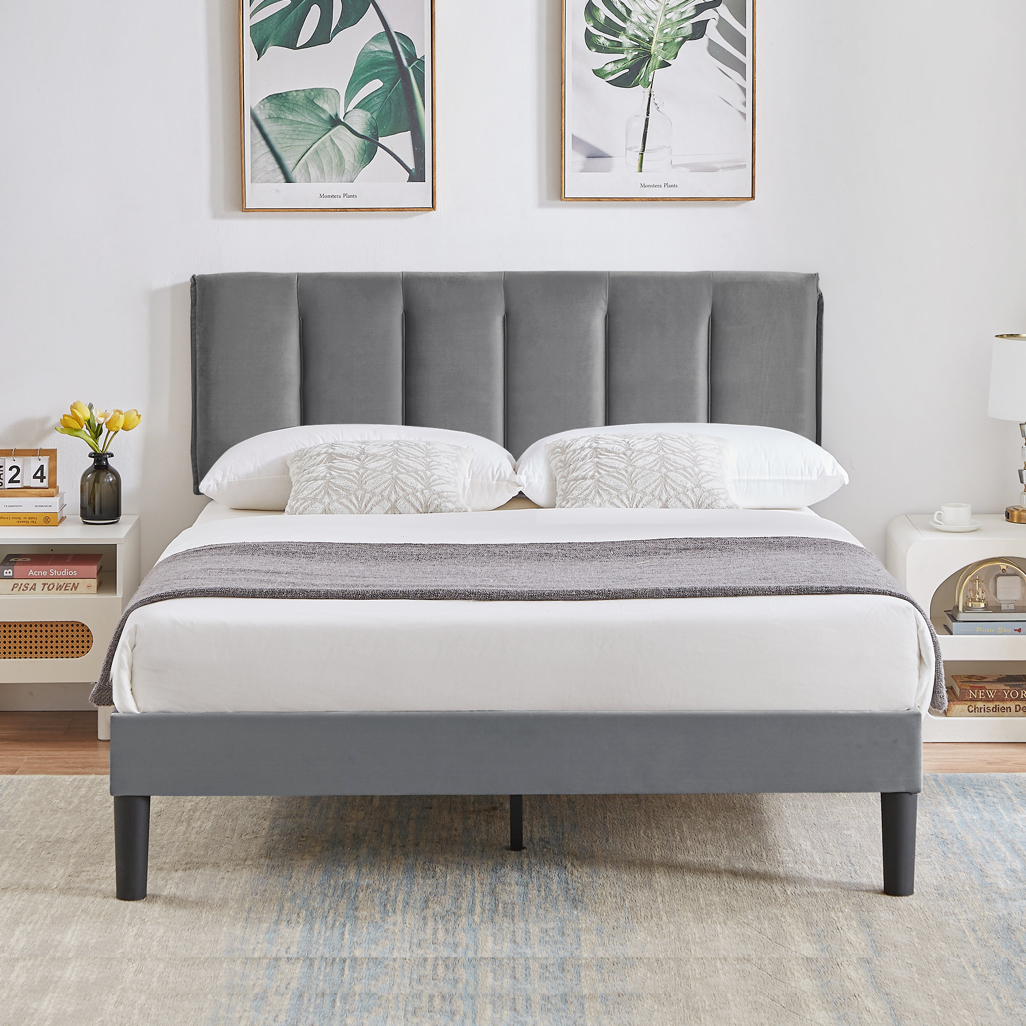 Wade Logan Auxter 47.63'' Steel Bed Frame with Adjustable Upholstered ...