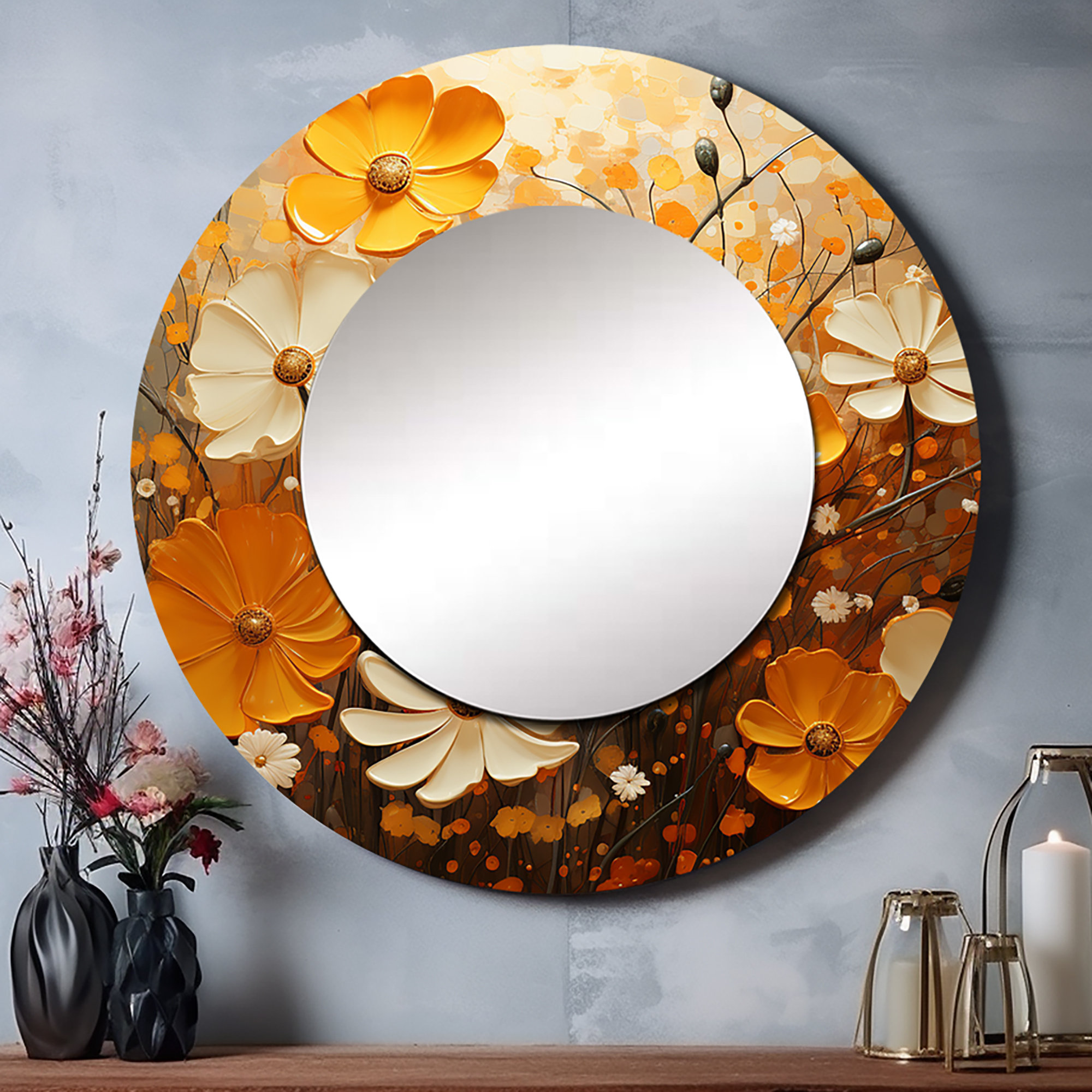 Design Art Gold Marigold Marigold Melody IV - Marigold Round Mirror For ...