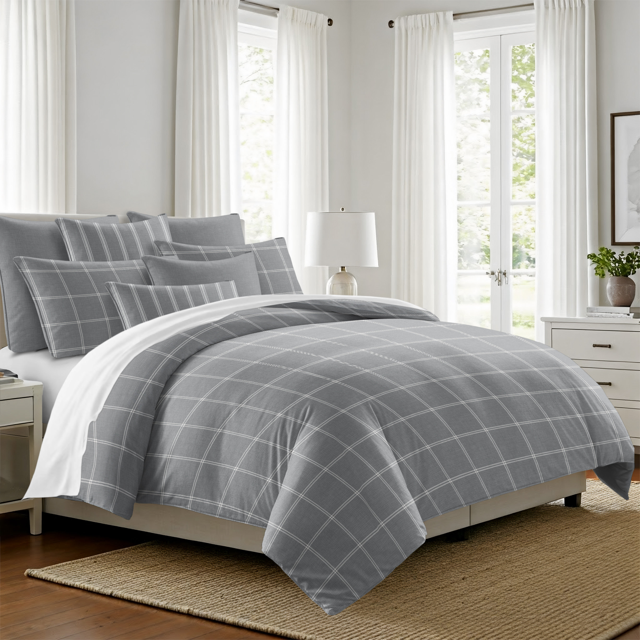 6ix Tailors Fine Linens Shay Window Pane Gray Cotton Duvet Cover Set 8 ...