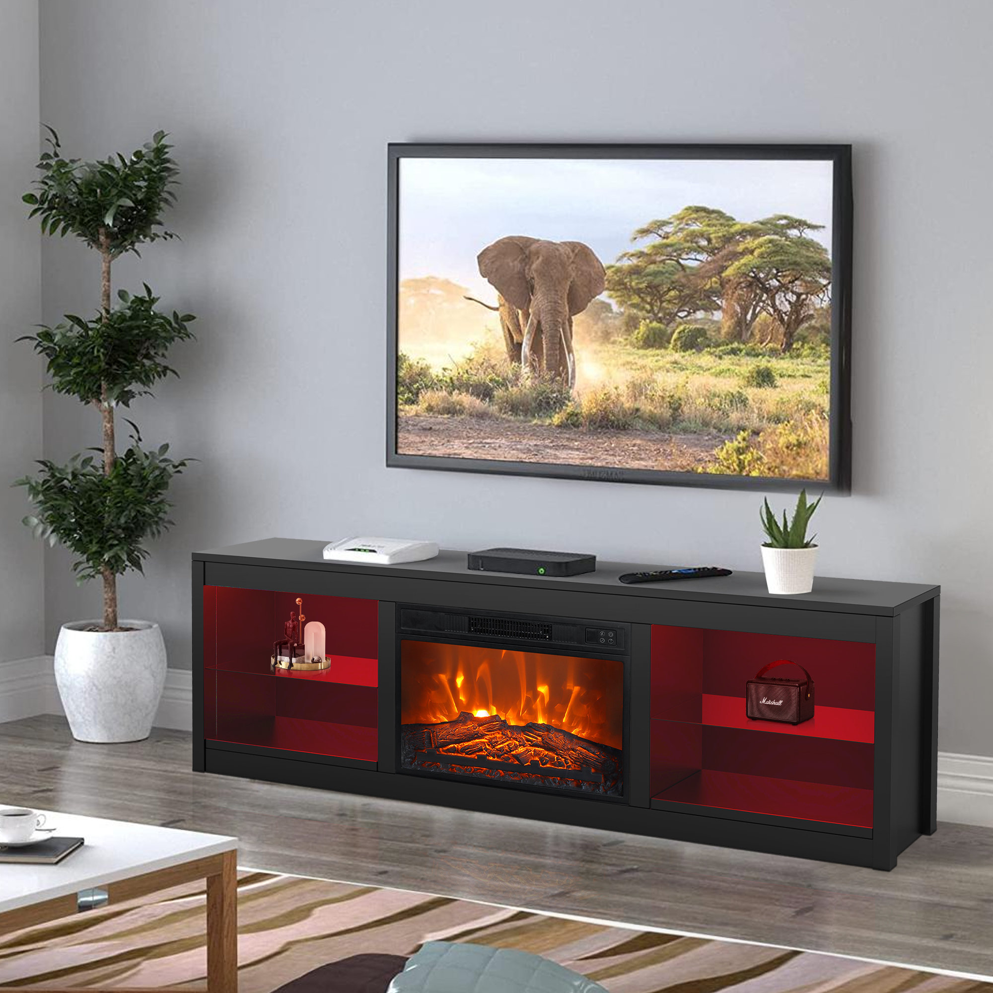 Ivy Bronx 66" TV Stand With 23" Insert Electric Fireplace And Open ...