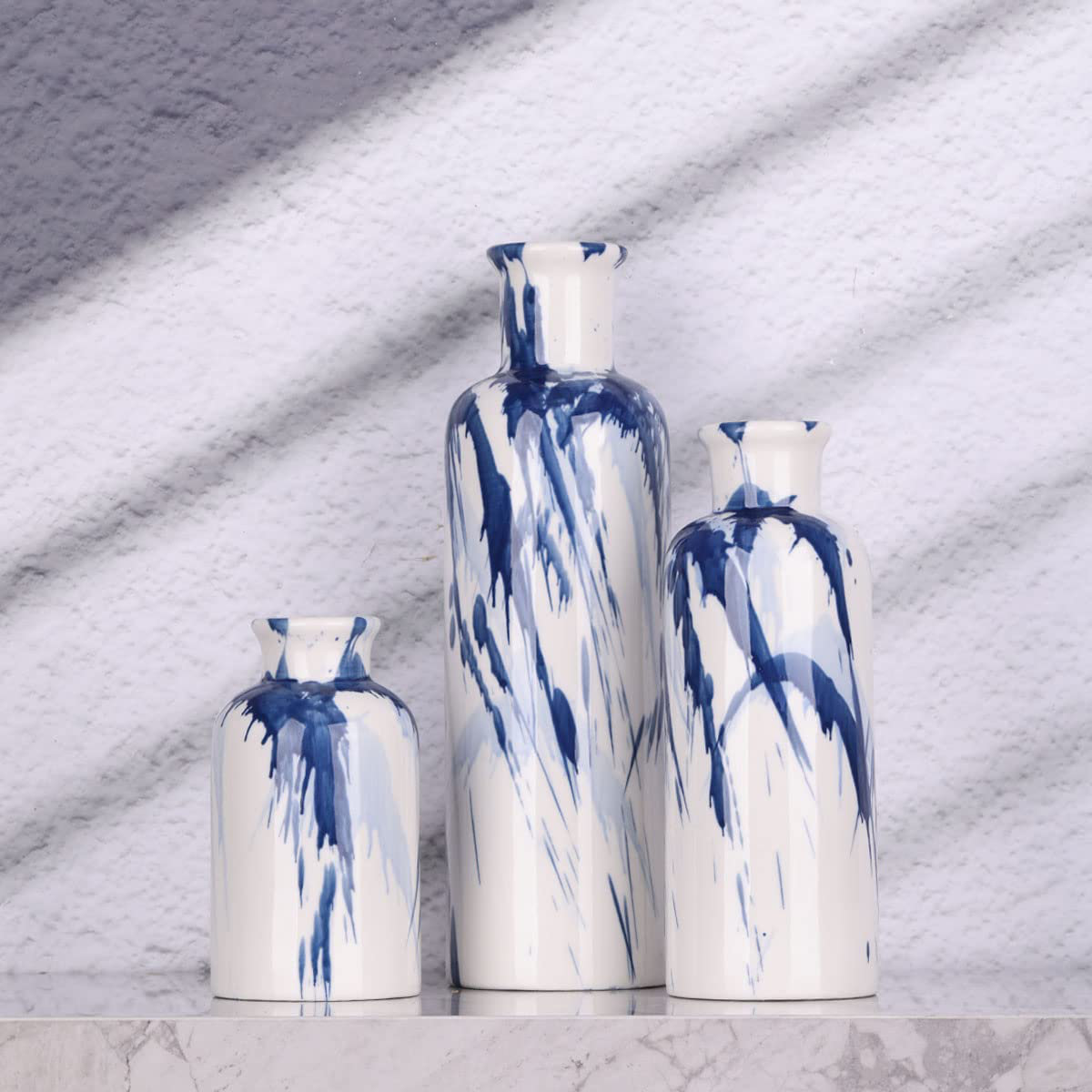 Orren Ellis Blue Ceramic Vase Set Of 3 - Decorative Navy Blue And White ...