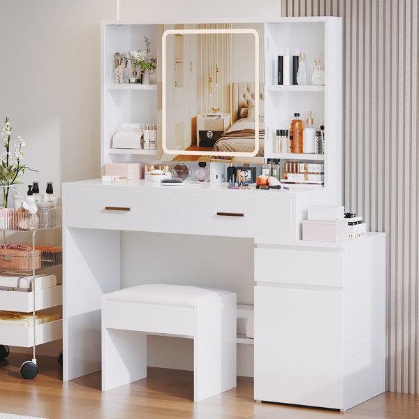 Brayden Studio 117cm White Dressing Table Led Light Makeup Jewelry ...