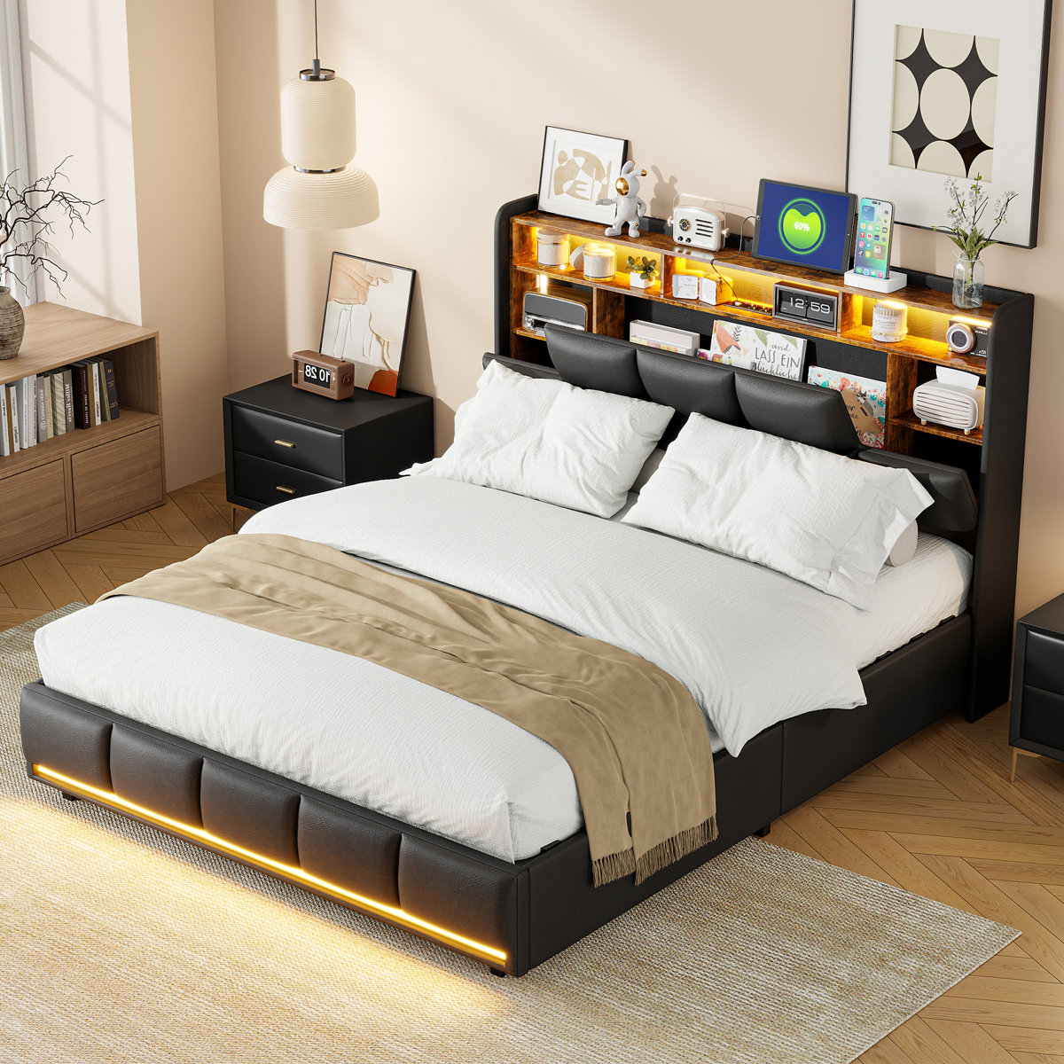 Ivy Bronx Black PU Ottoman Storage Bed With LED, USB & Headboard ...