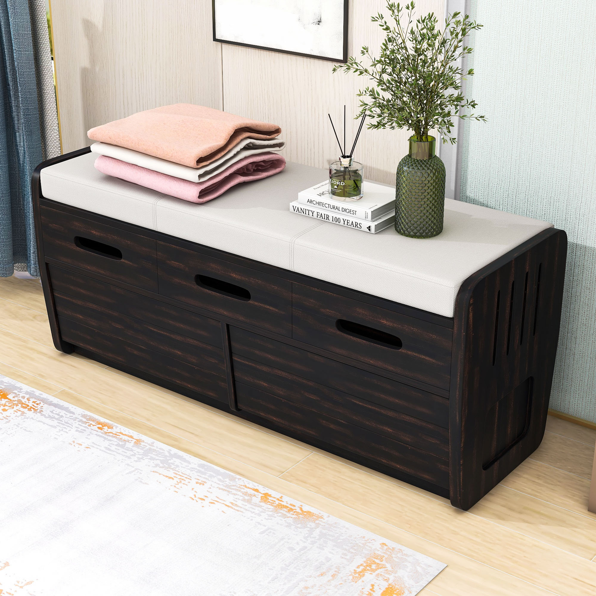 Lark Manor Careyann Rustic Wood Storage Bench with Removable Cushion ...