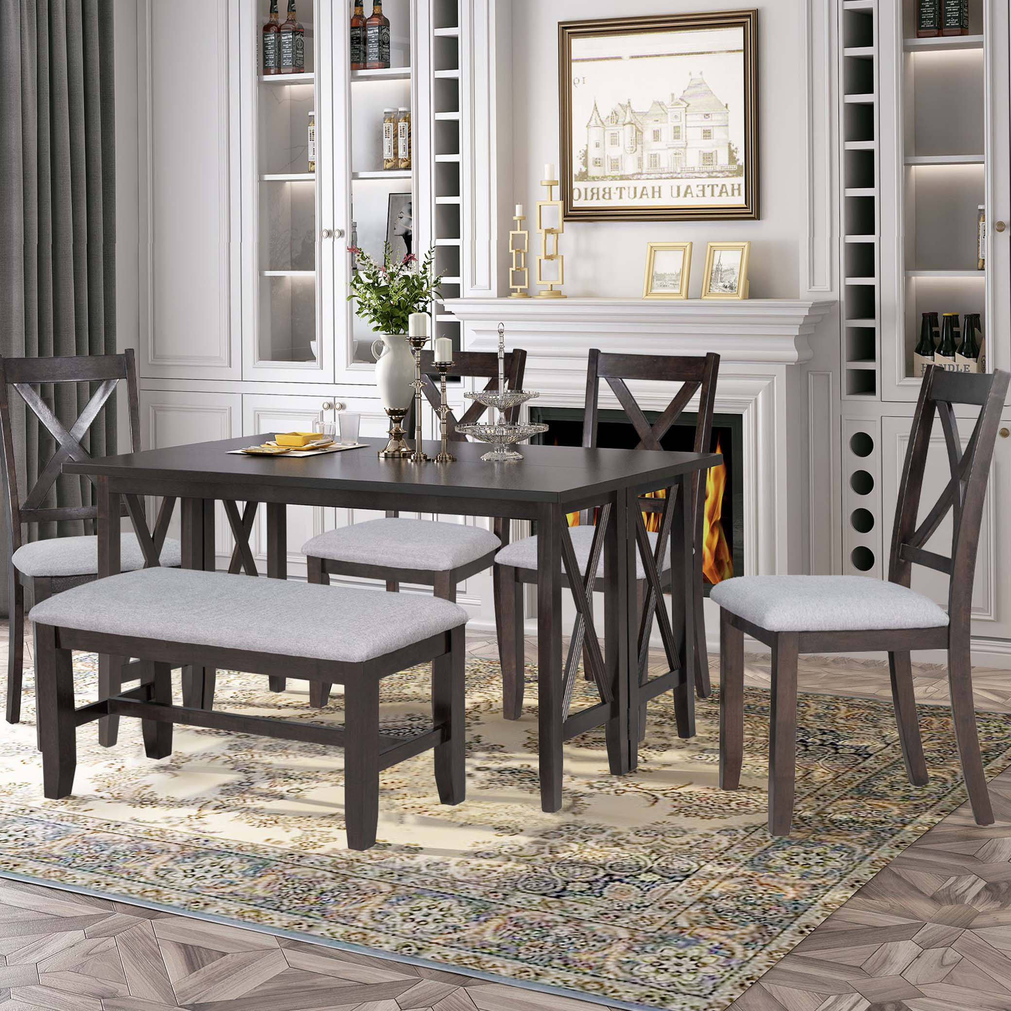 August Grove 6-Piece Dining Set, Solid Wood Foldable Table and 4 Chairs ...