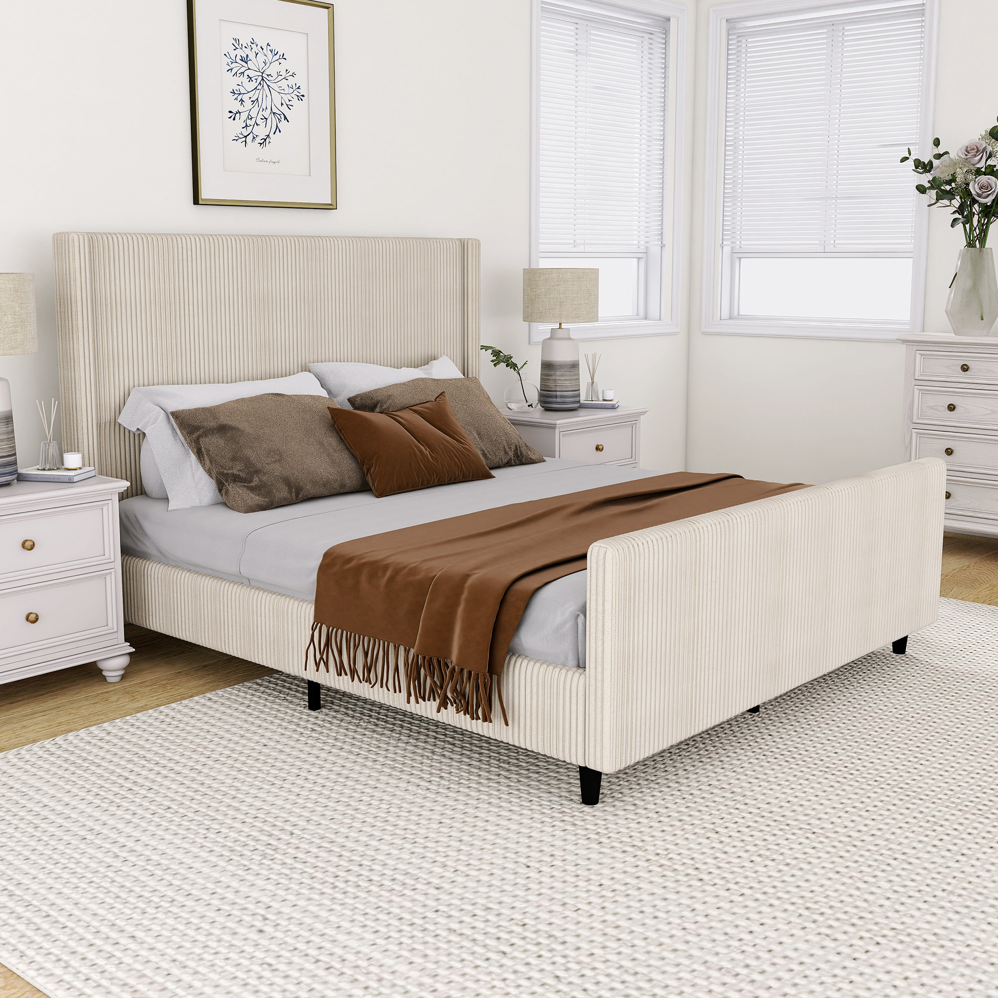 Latitude Run® Croom Corduroy Upholstered Bed Frame With Vertical Stripe ...