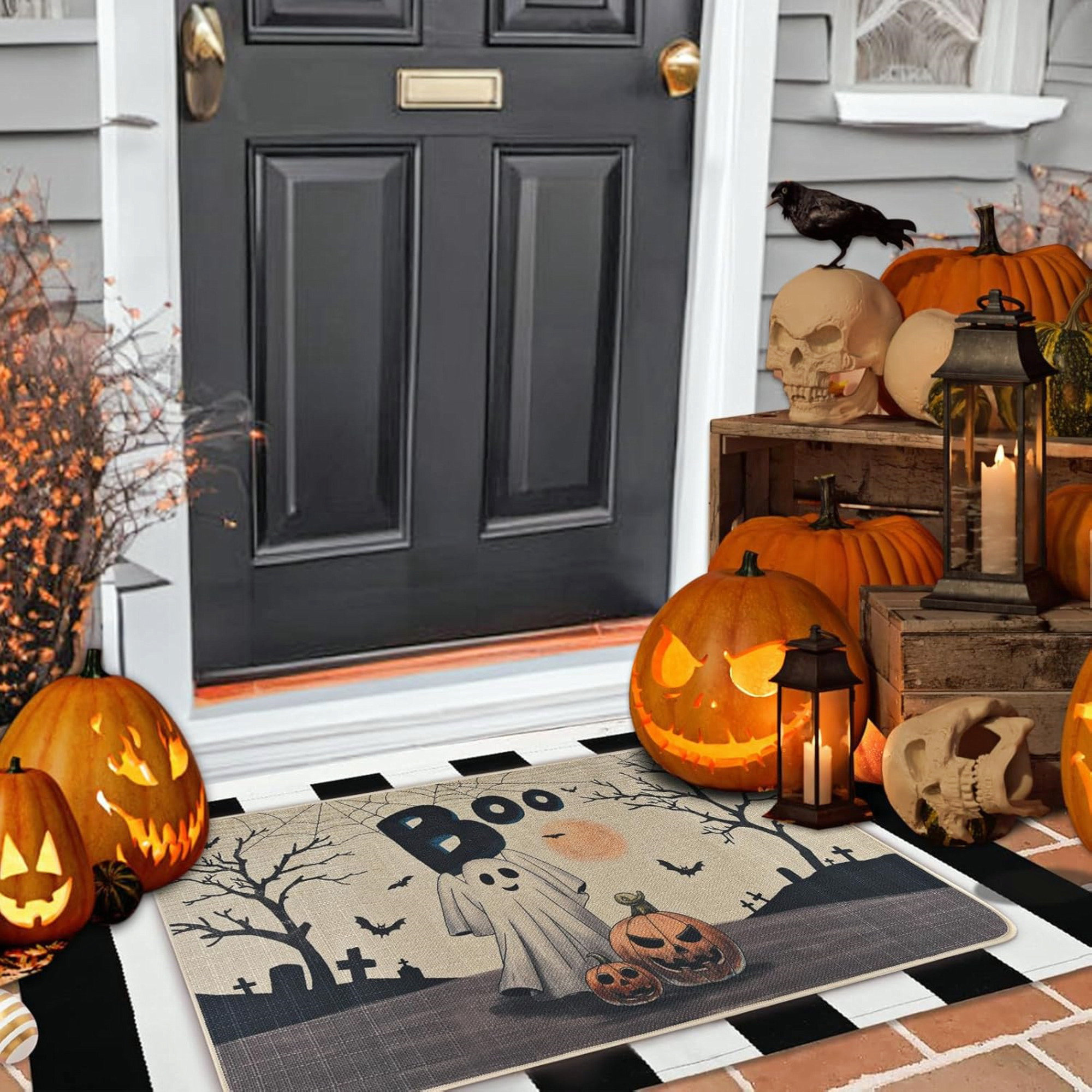 The Holiday Aisle® Halloween Door Mat Spooky Pumpkin Welcome Mat | Wayfair