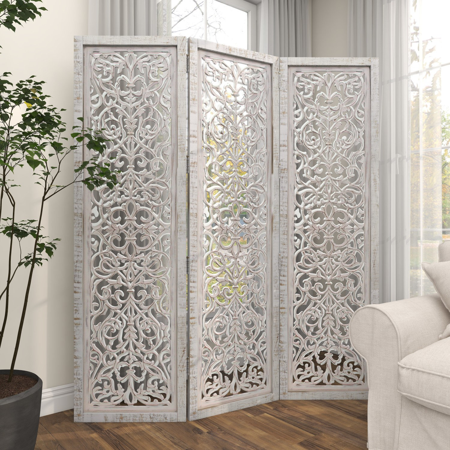 One Allium Way Wooden Handmade Hinged Foldable Partition 3 Panel Floral ...