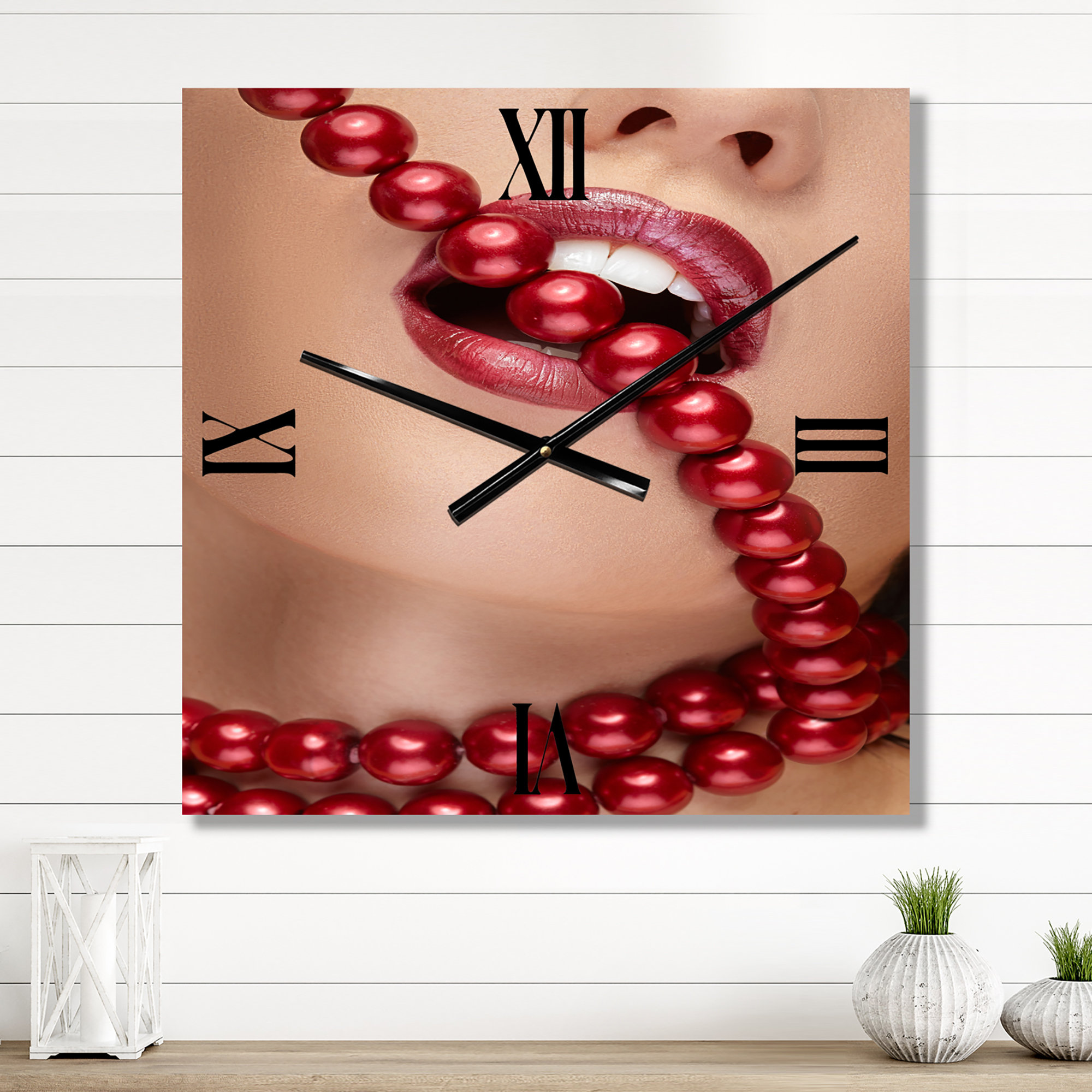 East Urban Home Woman Mouth with Red Lipstick Biting Red Pearls ...