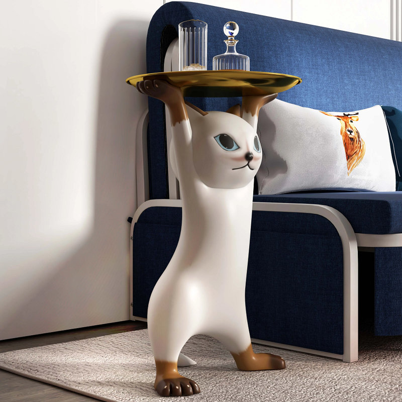 Latitude Run® Modern Cat Side Table Floor Resin Figurine with Gold Tray ...