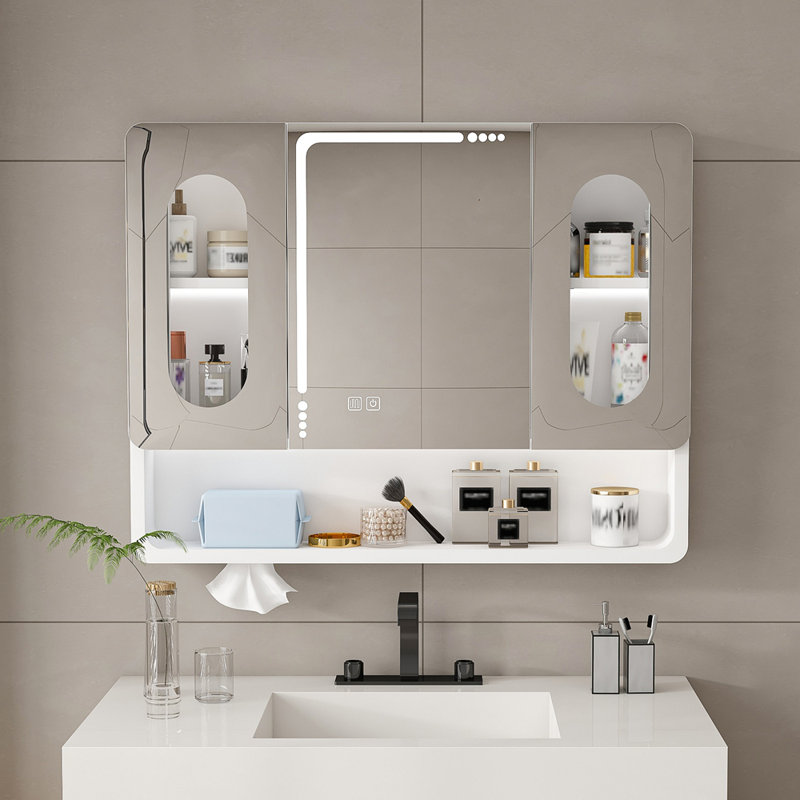 Orren Ellis Wall Mounted Bathroom Mirror Cabinet with LED Lights, Anti ...