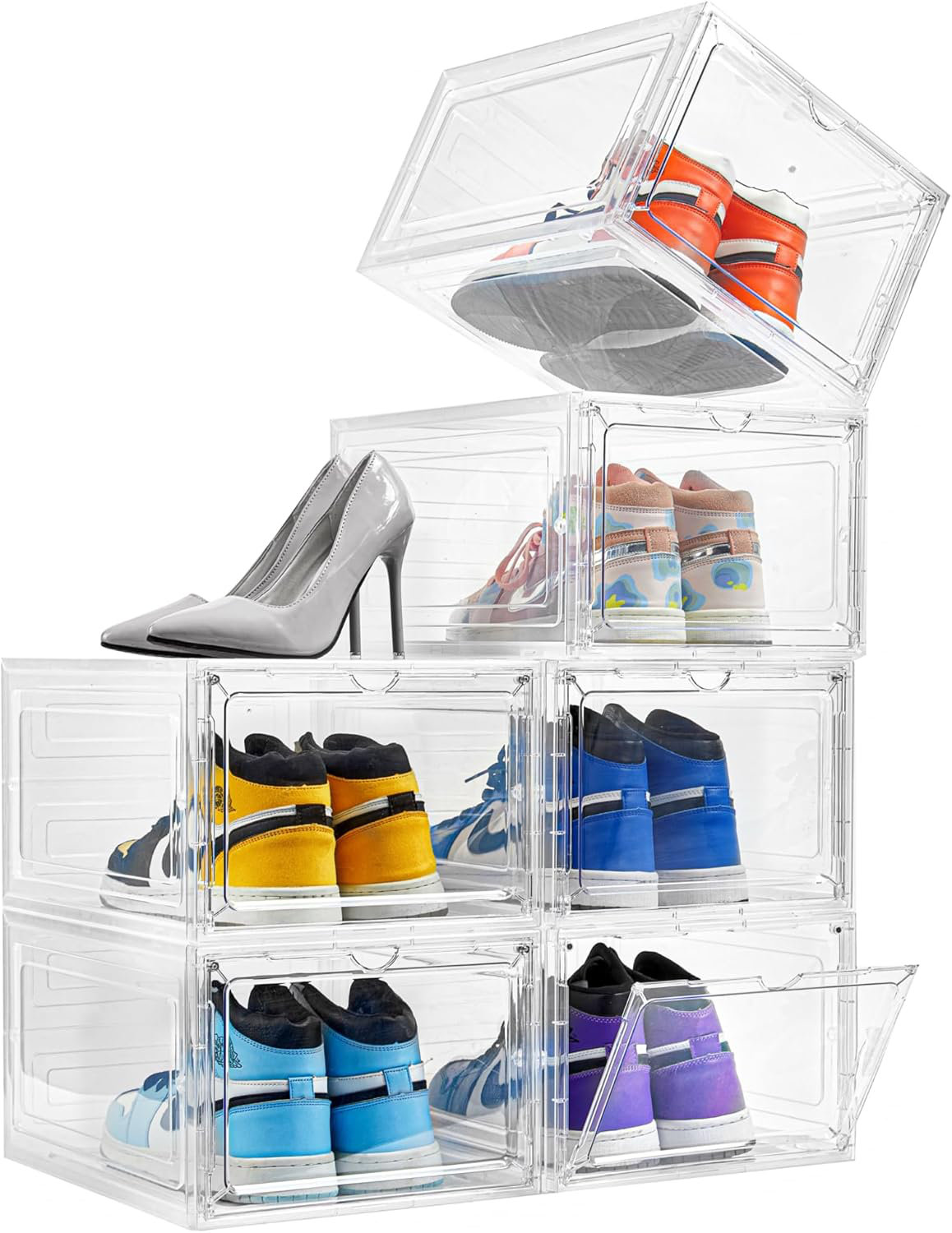 Rebrilliant Shoe Box,Set of 6,Stackable Plastic Shoe Box with Clear Magnetic Door, Shoe Storage ...