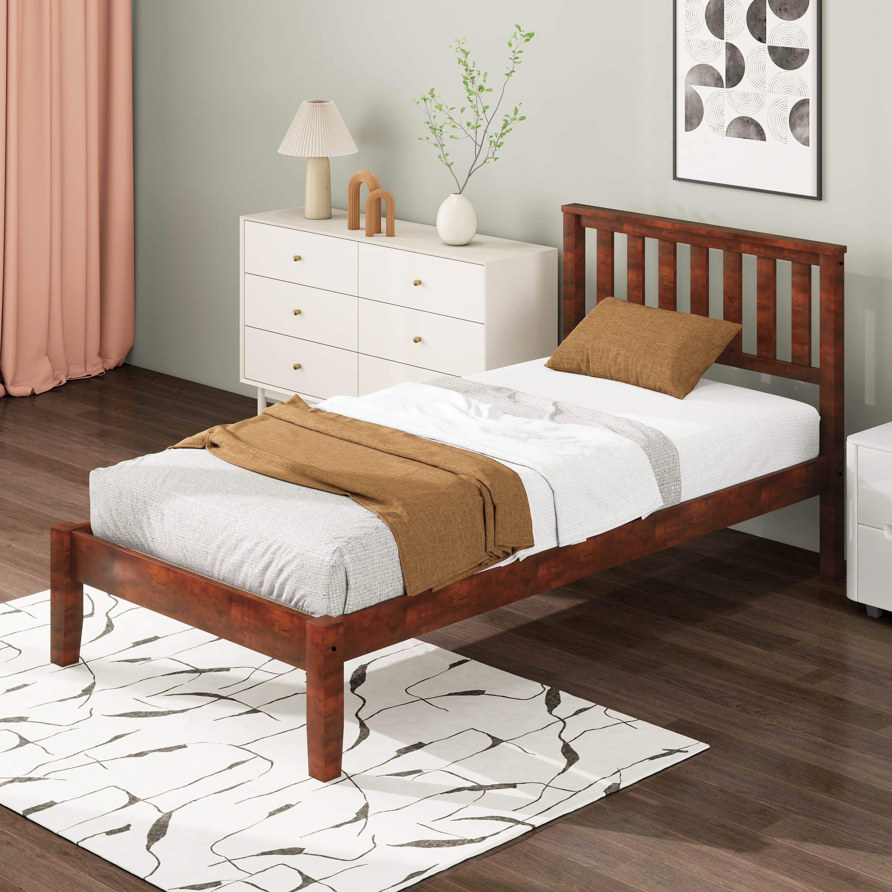 George Oliver Twin Bed Frame With Headboard, Mid Century Solid Wood ...