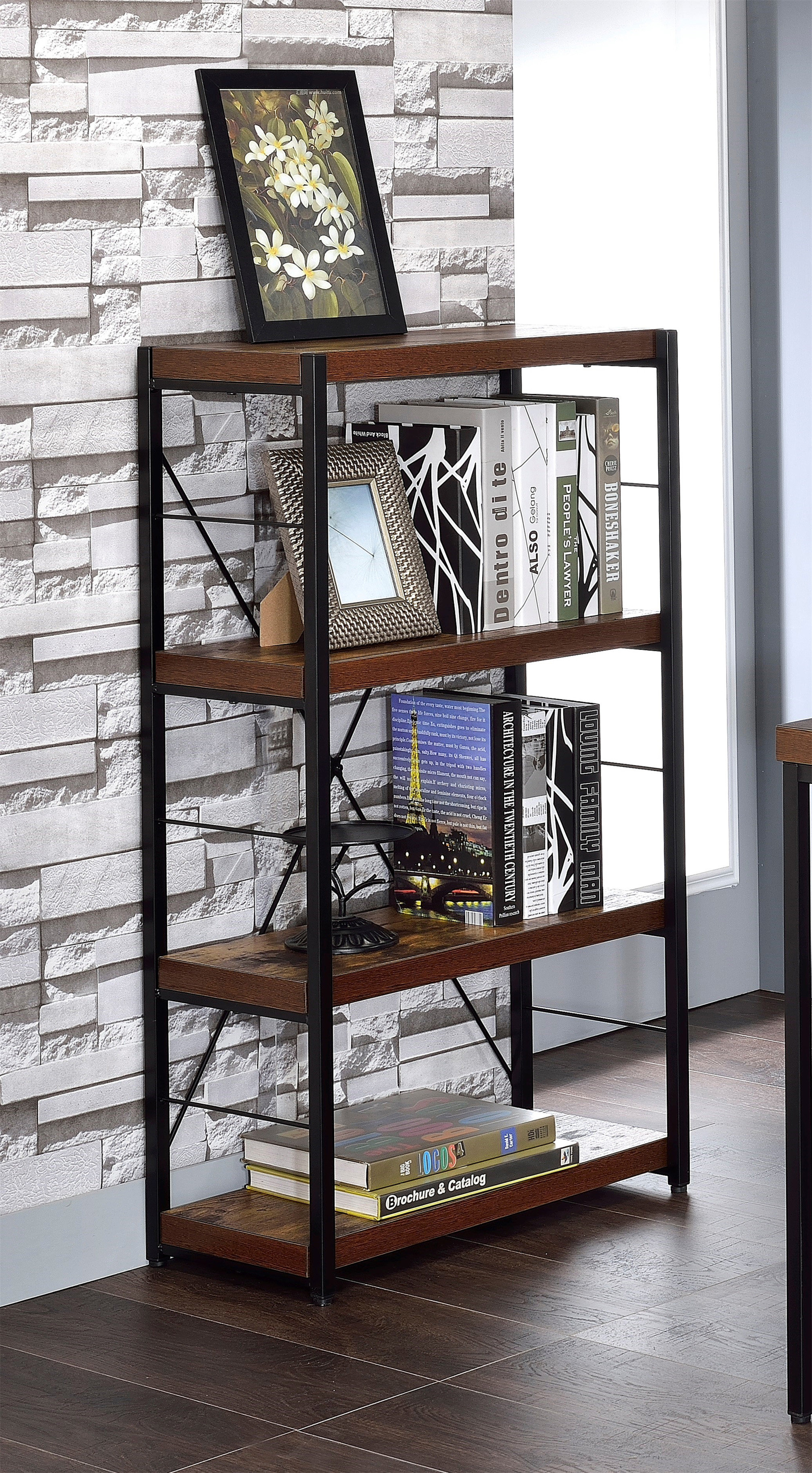 17 Stories Stylish Weathered Oak & Black Finish Bookshelf With Ample ...
