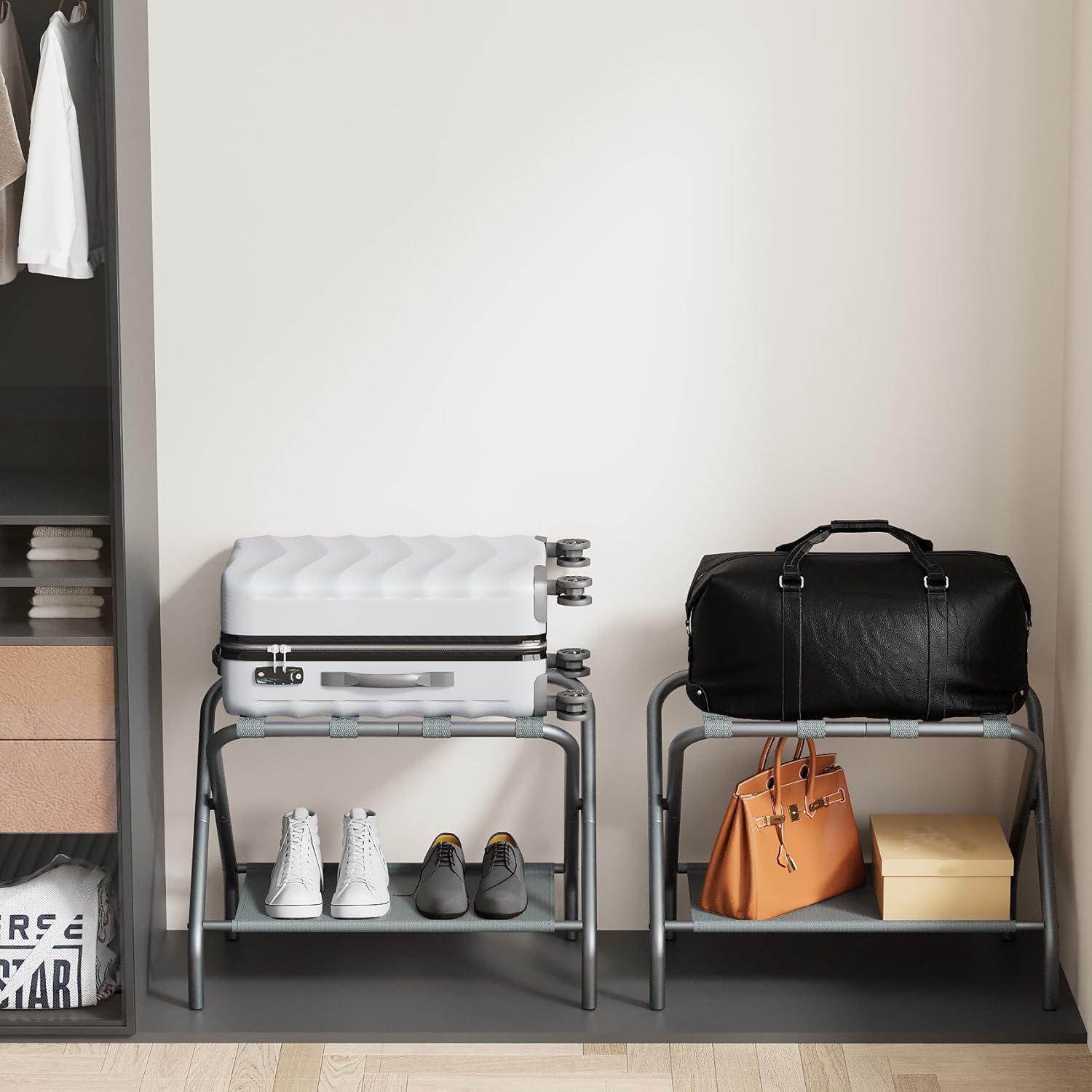 WINUAL Navy Blue Luggage Rack Pack Of 2, Foldable Suitcase Stand With ...