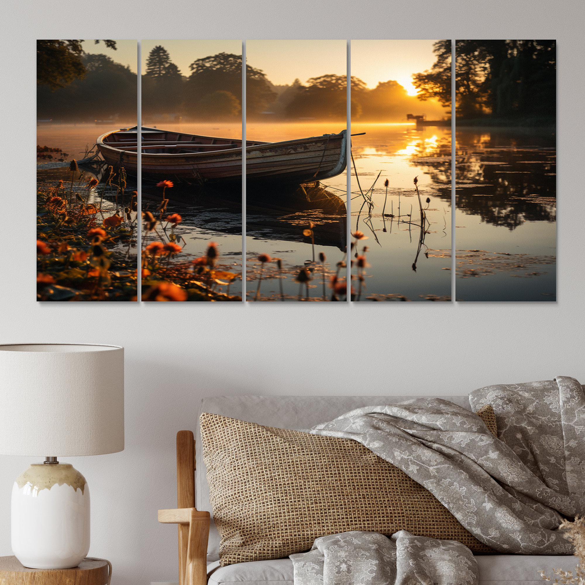 Breakwater Bay Canoe On The Lake - Lakehouse Canvas Wall Art - 5 Equal ...