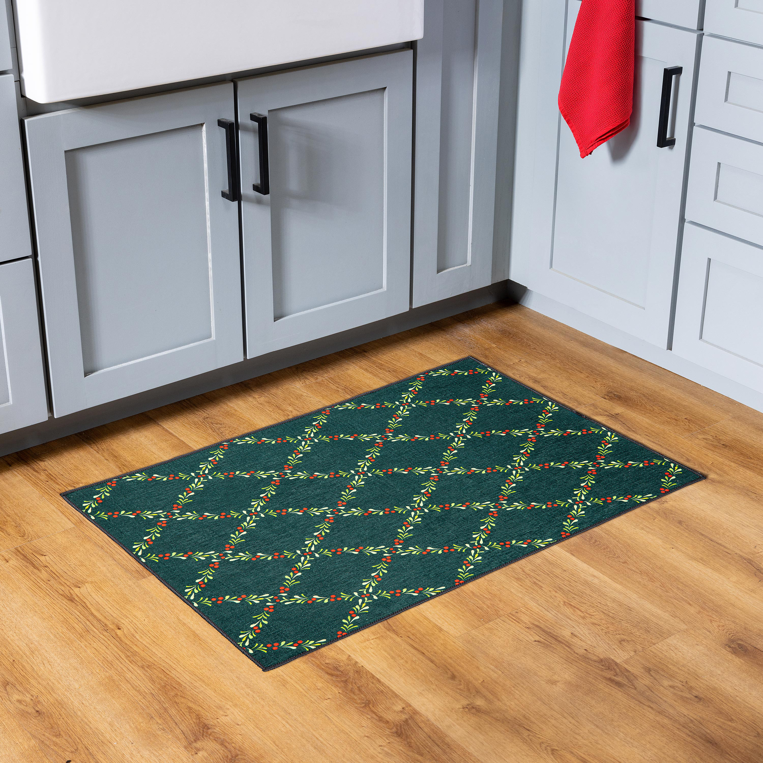 The Holiday Aisle® Winter Foliage Welcome Washable Mat 24"x 36" | Wayfair