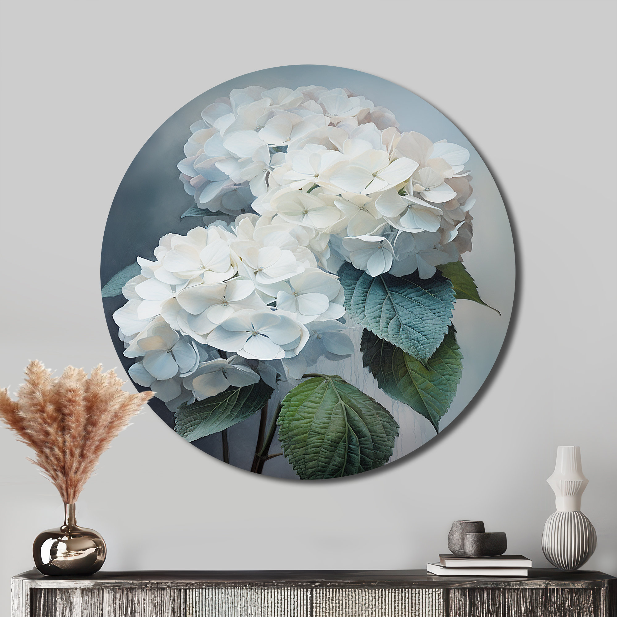 Design Art White Hydrangea Whispering Hues - Floral Round Metal Art ...