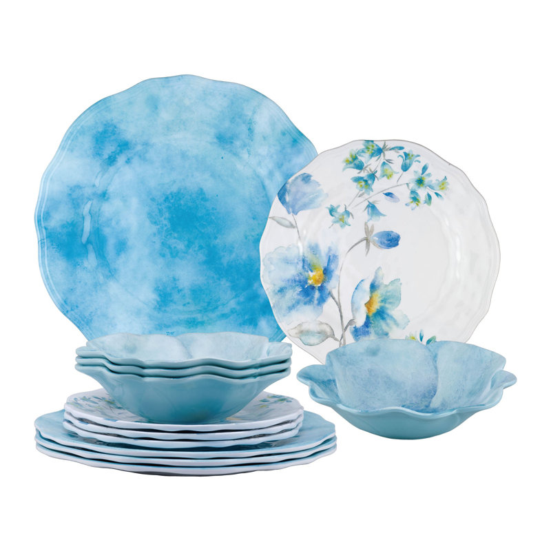 Dovecove 12 Piece Sky Blue Melamine Dinnerware Set Plate and Bowl Set ...