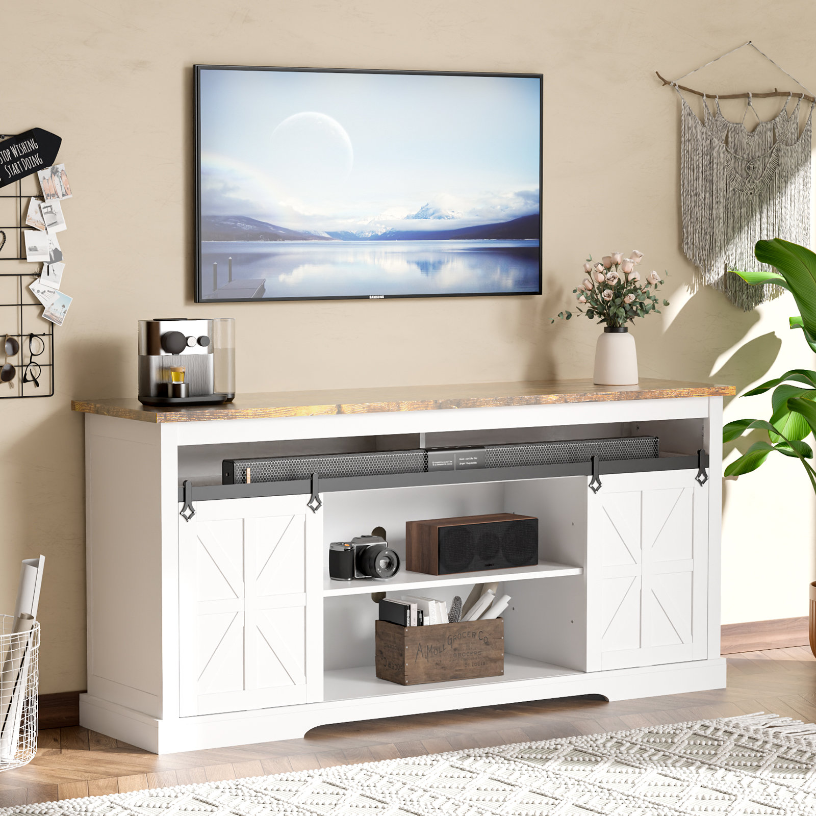 Gracie Oaks Keity Farmhouse 63" TV Stand for 70+ Inch TVs, Tall TV ...