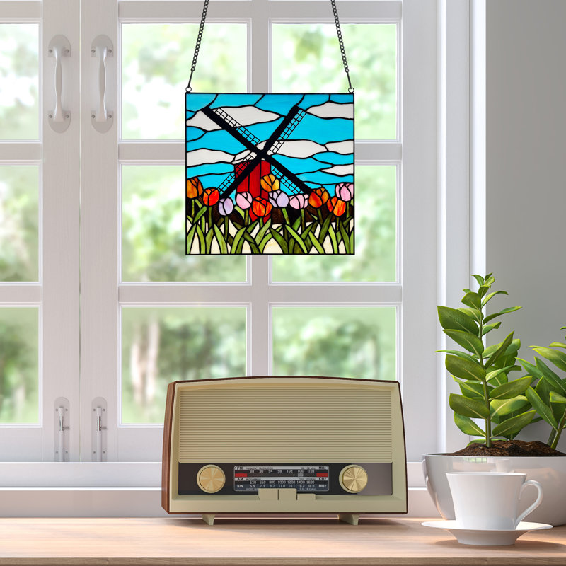August Grove® 14.5"H Windmill Stained Glass Window Panel & Reviews ...