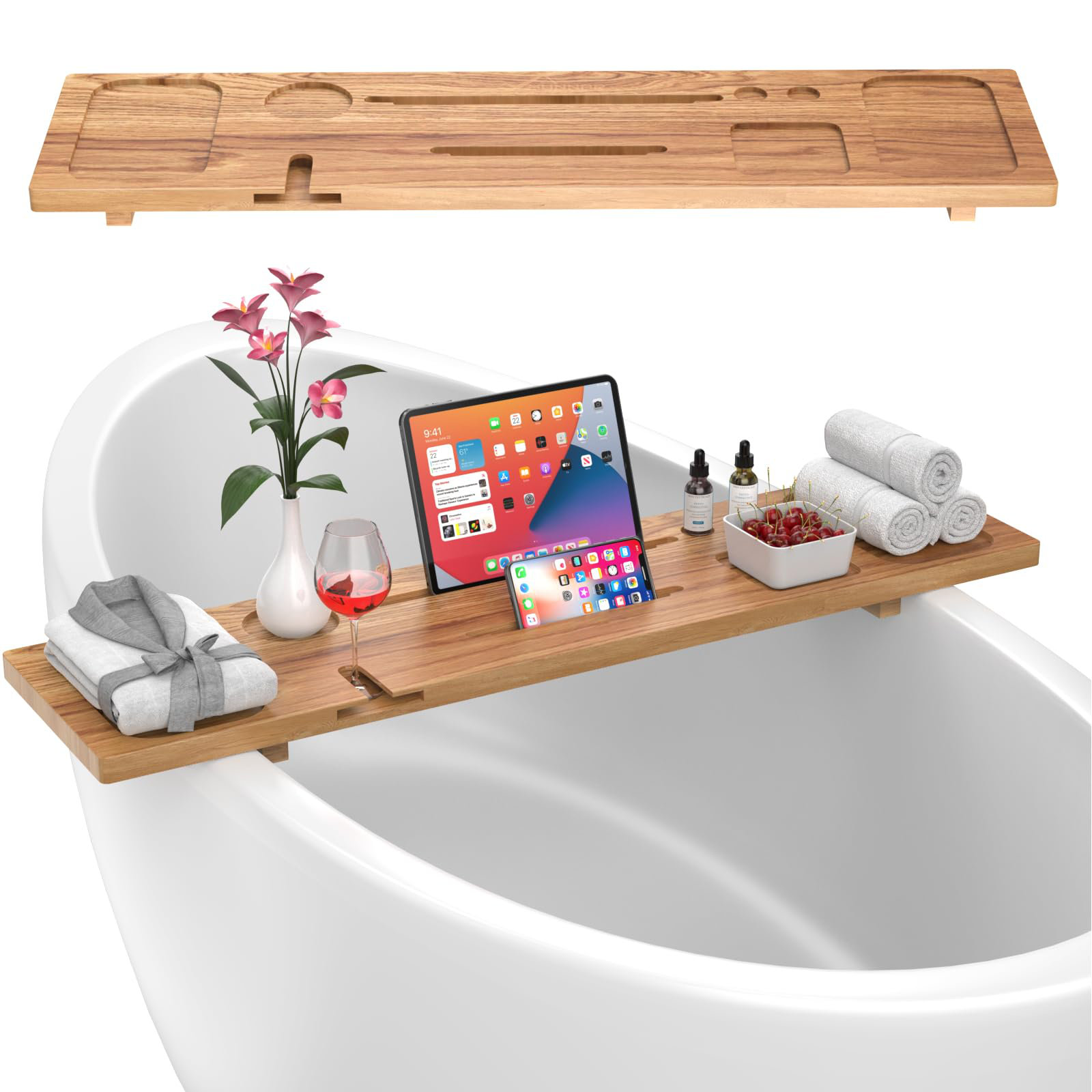 Rebrilliant Pine Wood Bathtub Tray, Large Solid Wood Bath Tray, Luxury ...