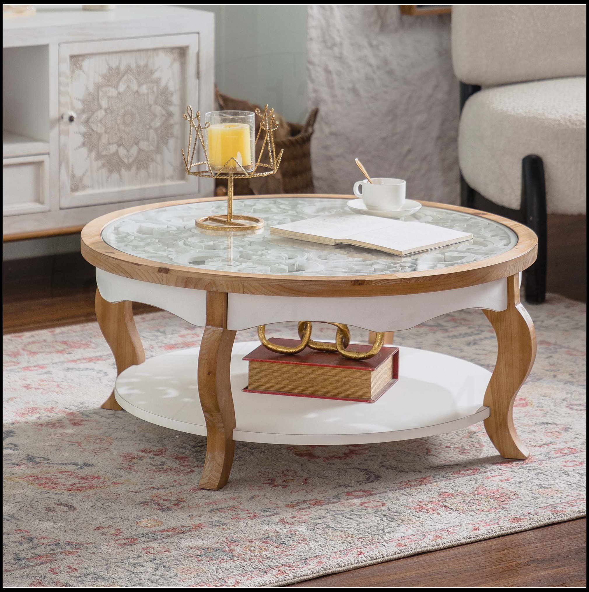 Ophelia & Co. Round Wood Coffee Table with Glass Top, Solid Wooden ...