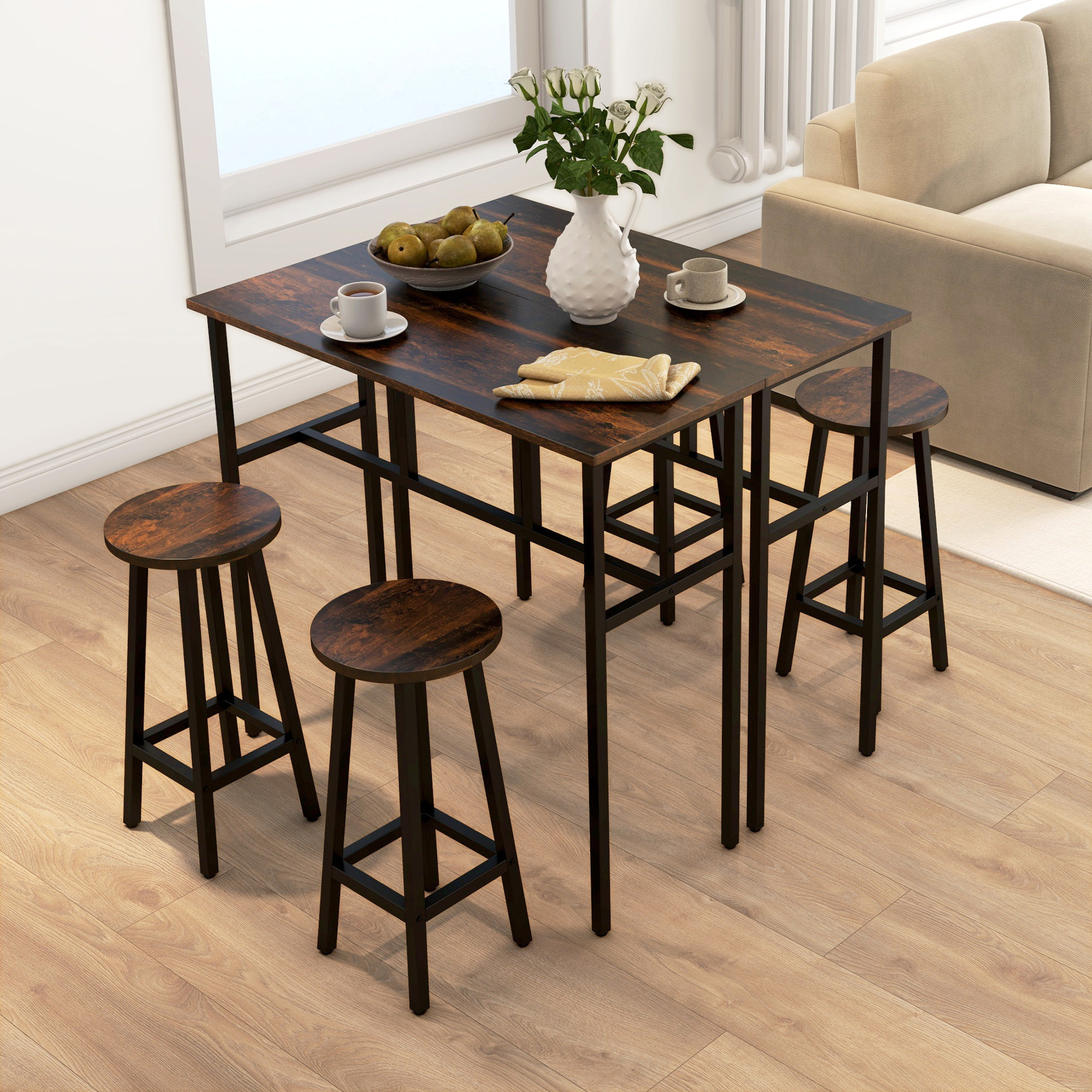 17 Stories 6-Piece Bar Table Set with 2 Breakfast Tables 4 Stools for ...