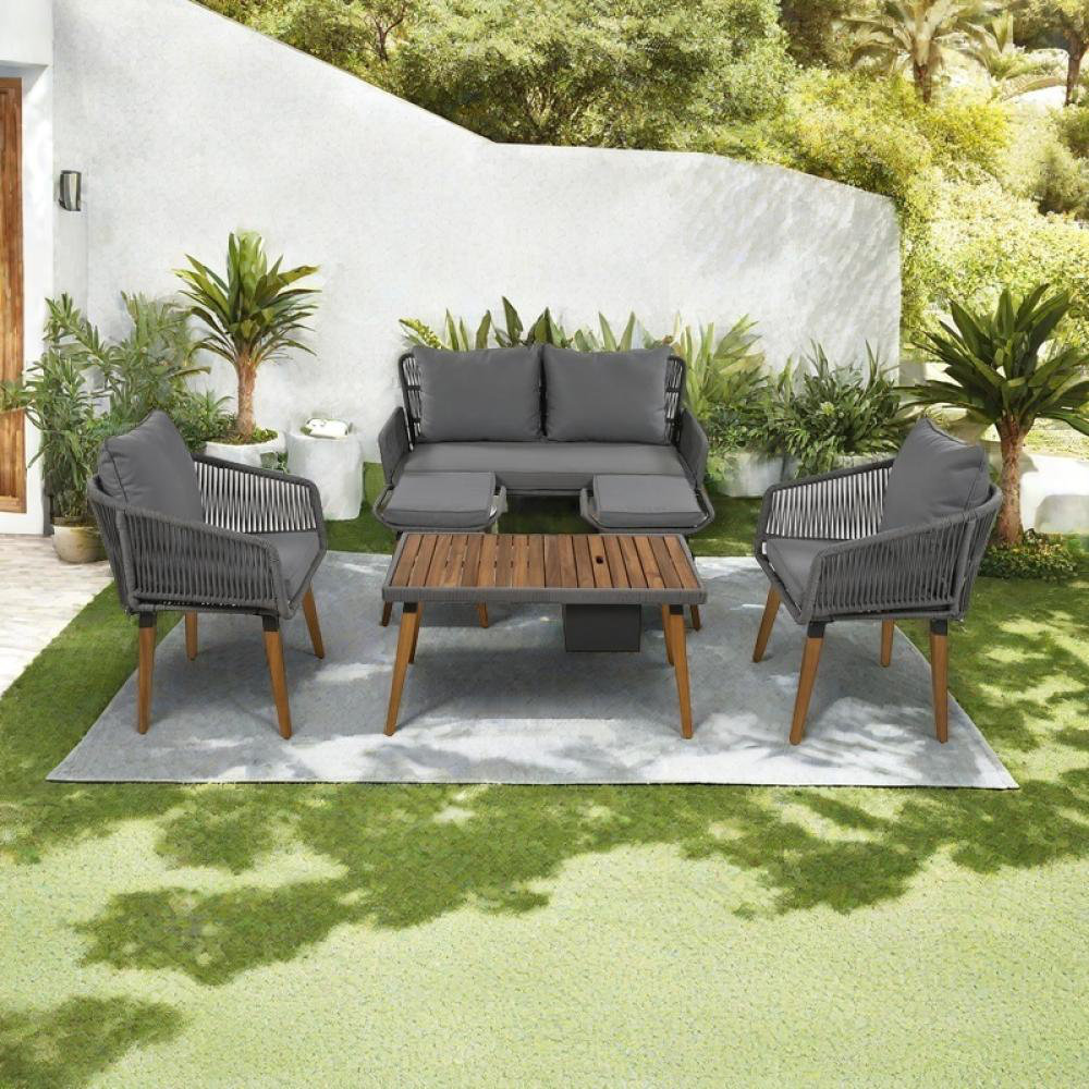 George Oliver 6-Piece Rope Patio Furniture Set with Acacia Wood Cool ...