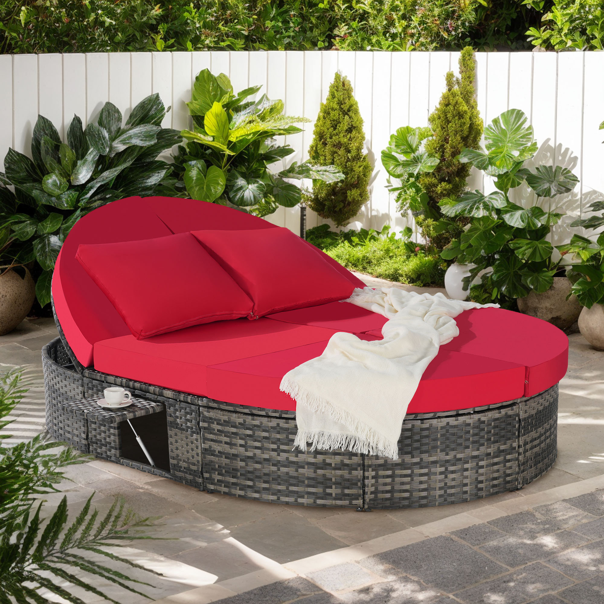 Dovecove Wicker Rattan Patio Round Daybed, Sun Bed with Adjustable ...
