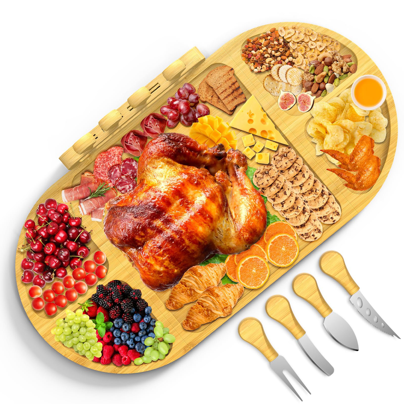 BOJUNTAN Ensemble-cadeau Charcuterie Boards, planche à fromage en bambou extra avec couteau pour ...
