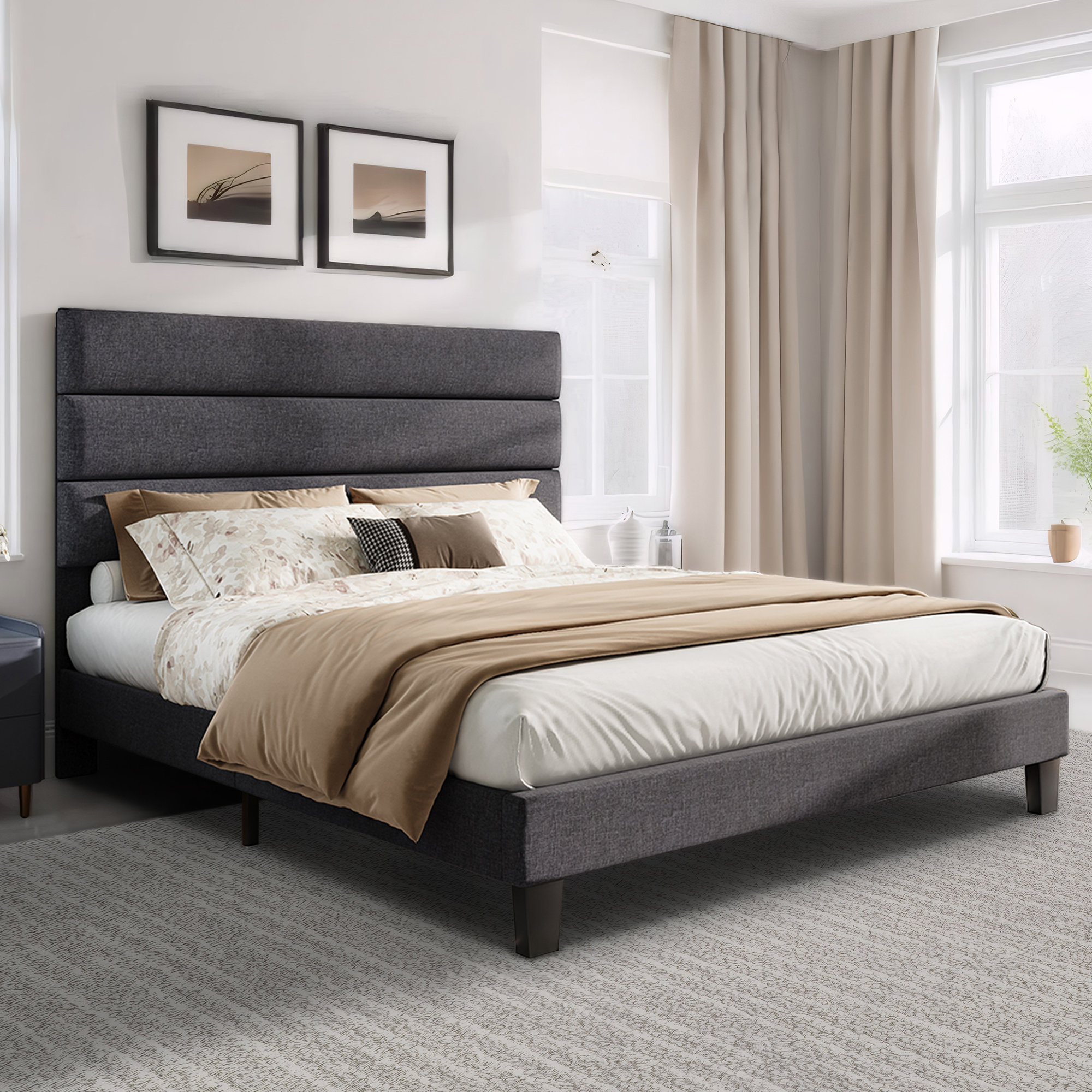 Ebern Designs Modern Bed Frame With Linen Upholstered Headboard | Wayfair