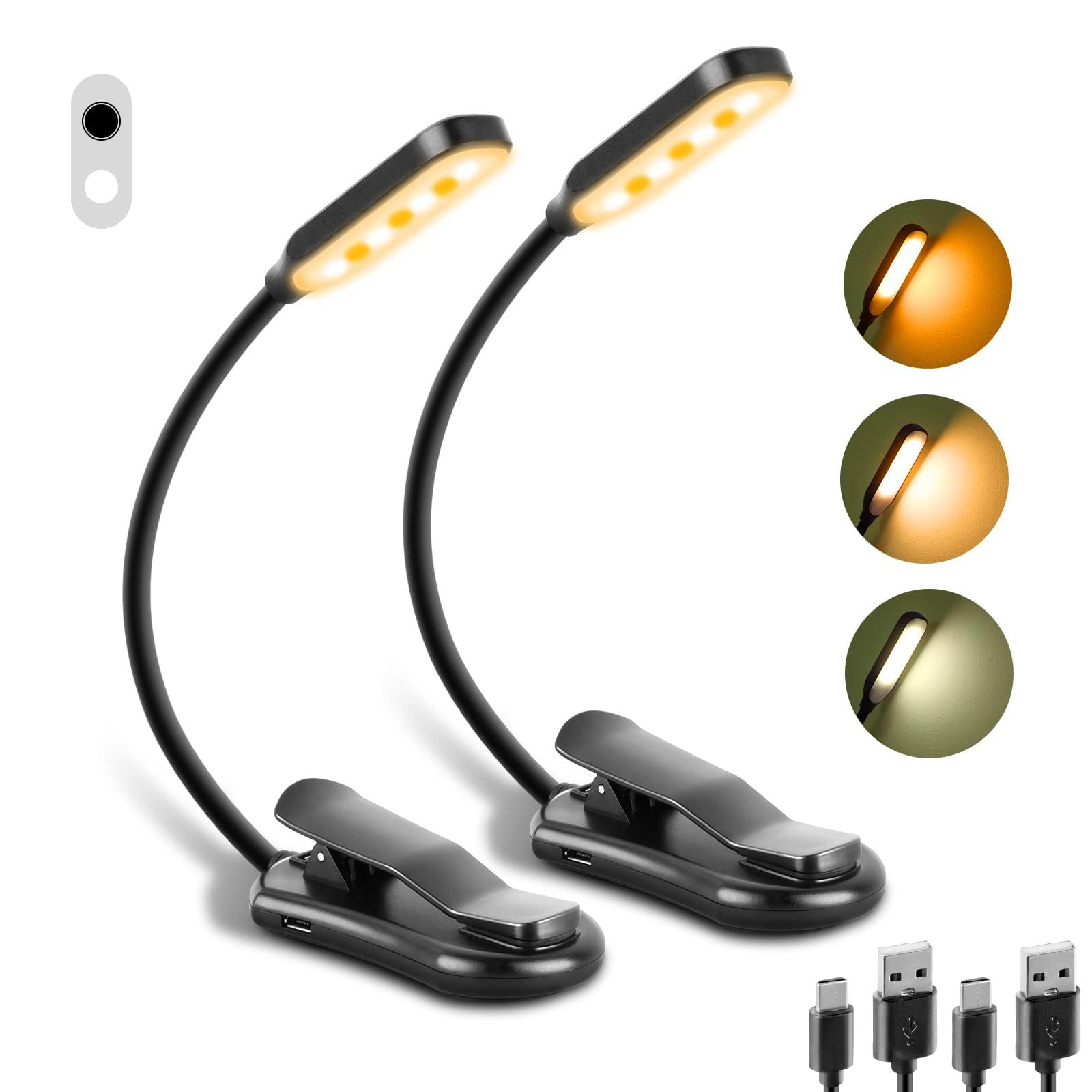 TWDAI Rechargeable Book Reading Lights, 3-Color LED Clip Light For Bed ...