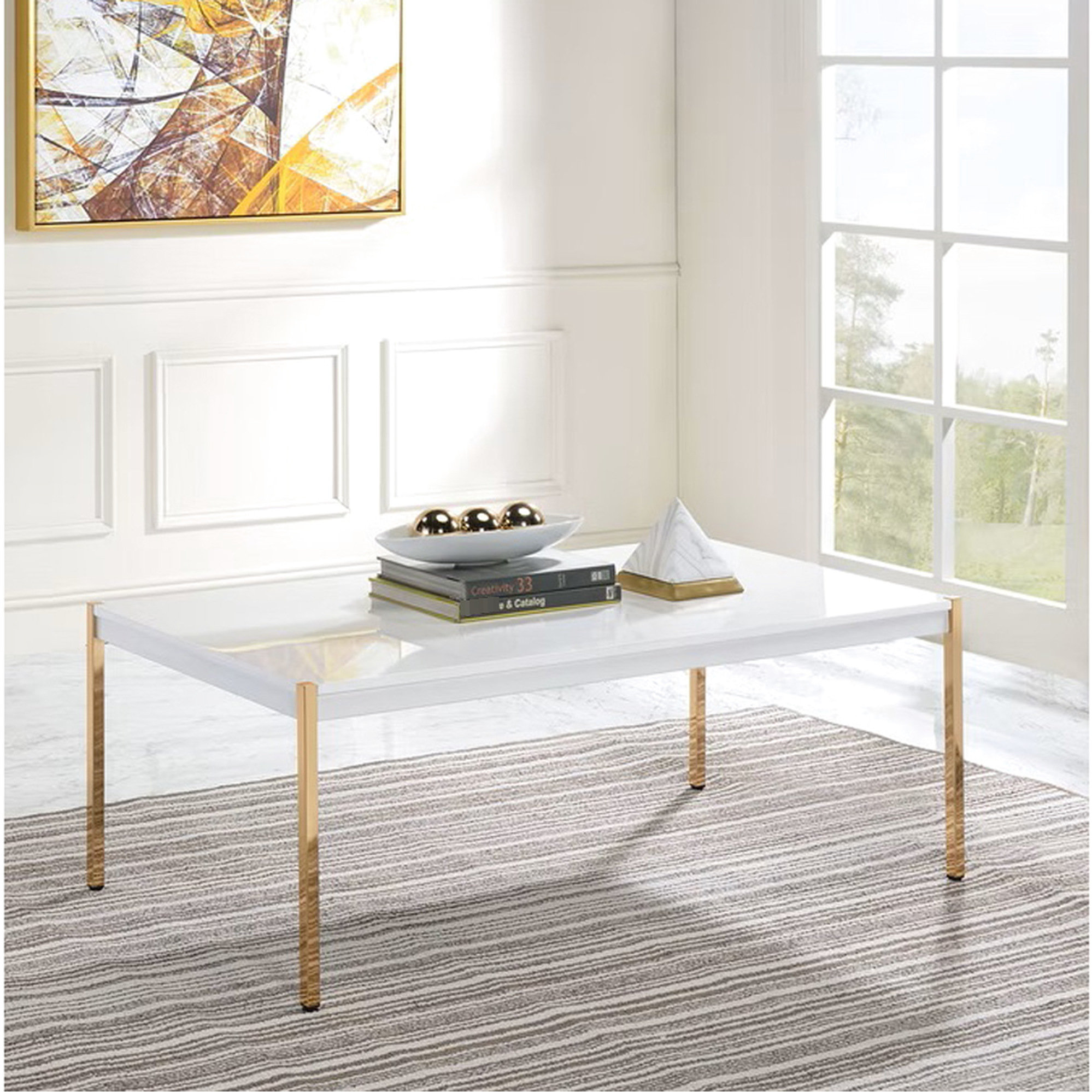 Latitude Run® White And Gold Wooden Top Rectangular Coffee Table With ...