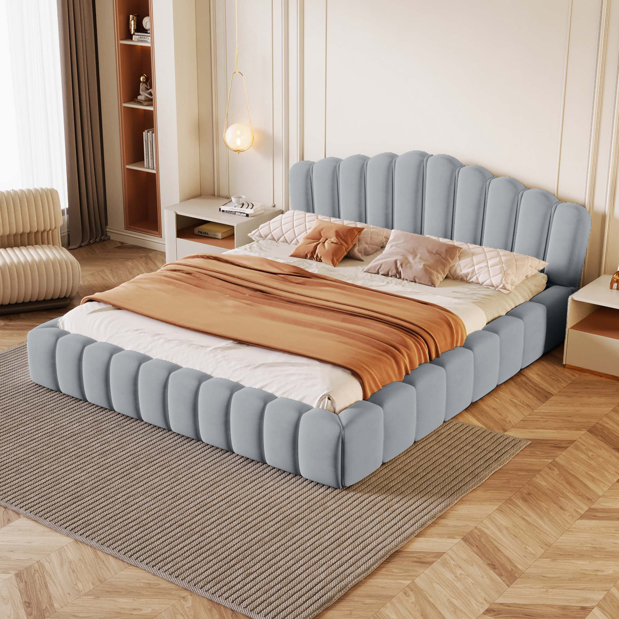 Mercer41 Newlin Modern Velvet Upholstered Bed Frame Floor Bed Shell ...