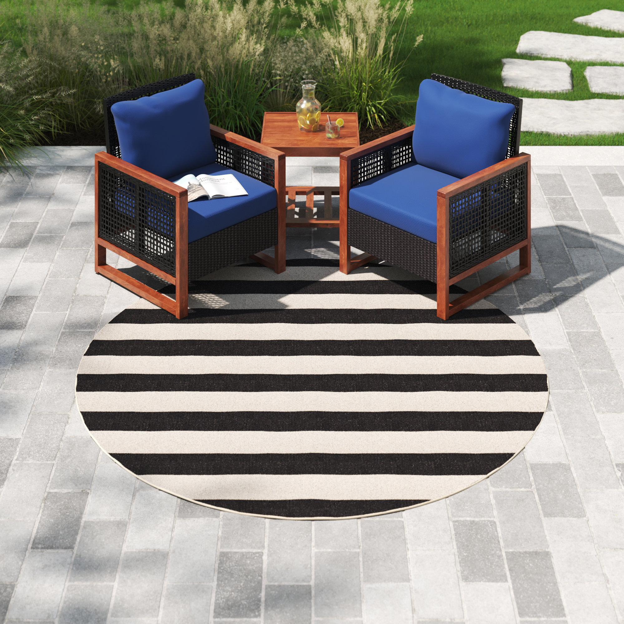 Beachcrest Home™ Mestas Striped Beige/Black Indoor / Outdoor Area Rug ...