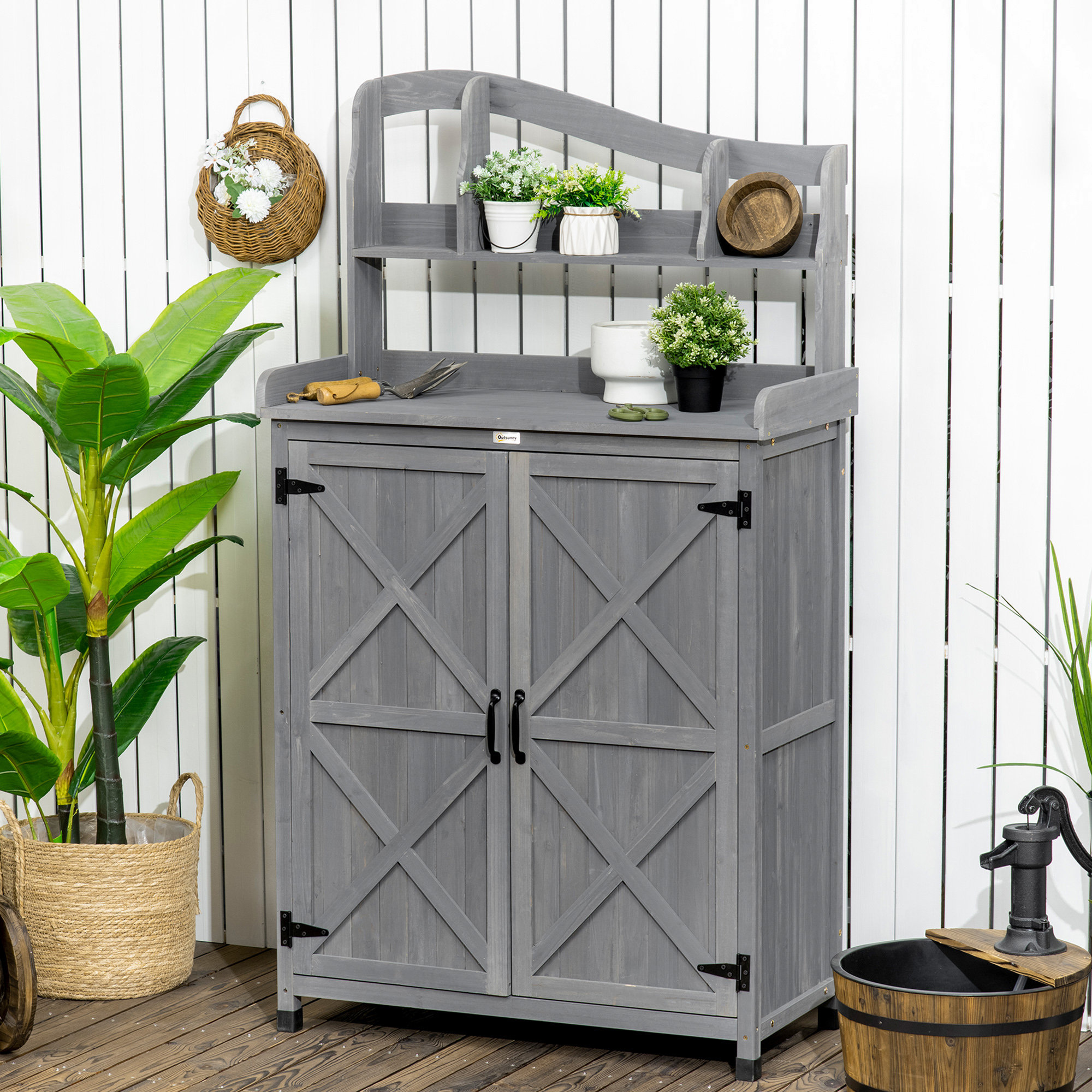 KAQCVIN Potting Bench Table, Outdoor Storage Cabinet, Multi-Function ...