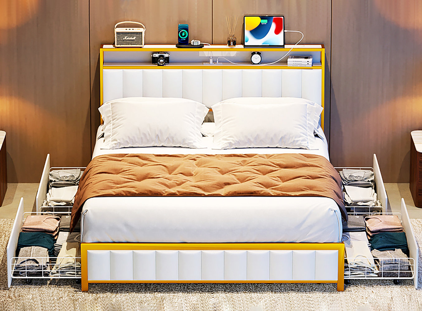 Mercer41 Vonzel Metal Queen Bed Frame with 4 Large Drawers, Storage ...