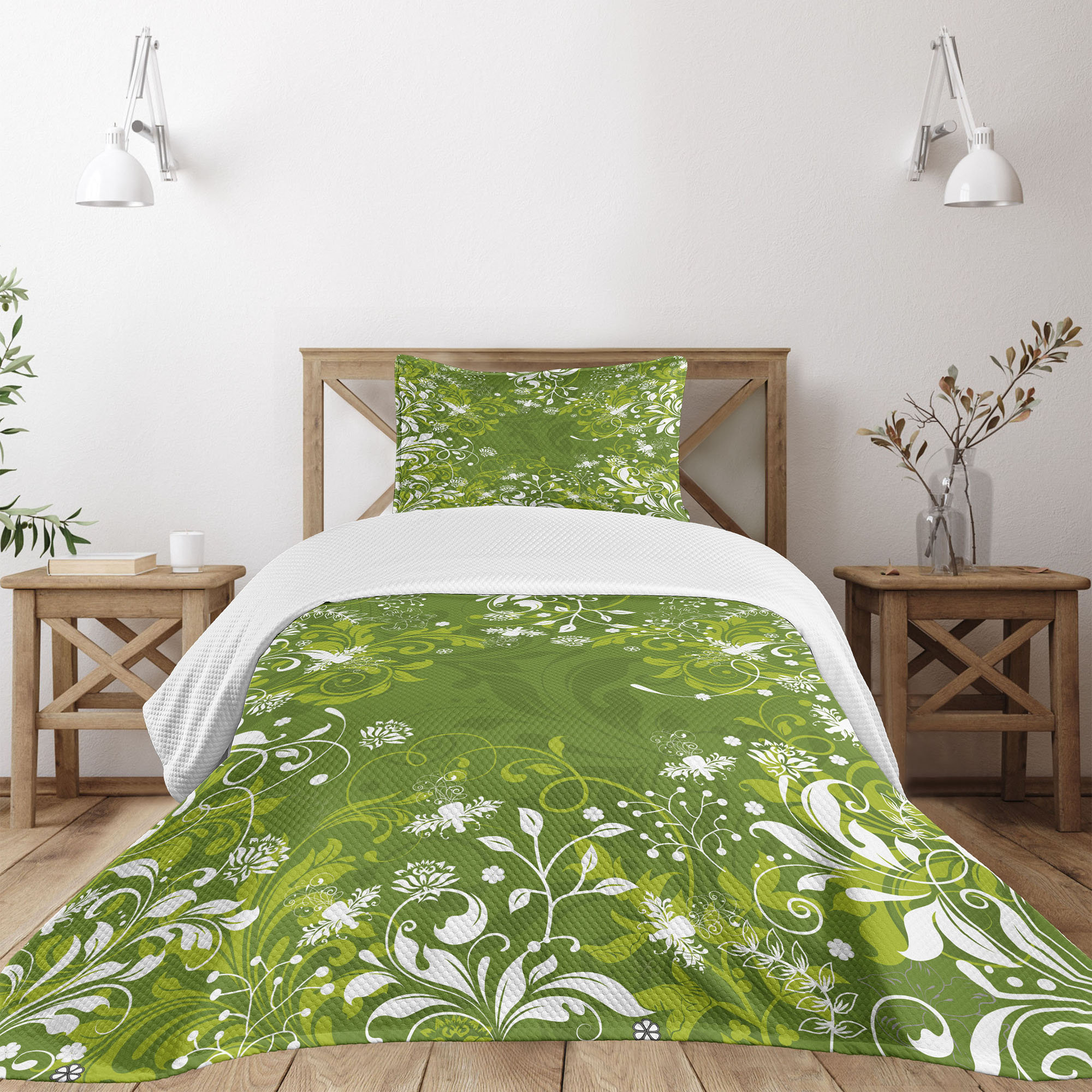 Ambesonne Green Bedspread Set Abstract Floral Nature Apple Green Fern ...