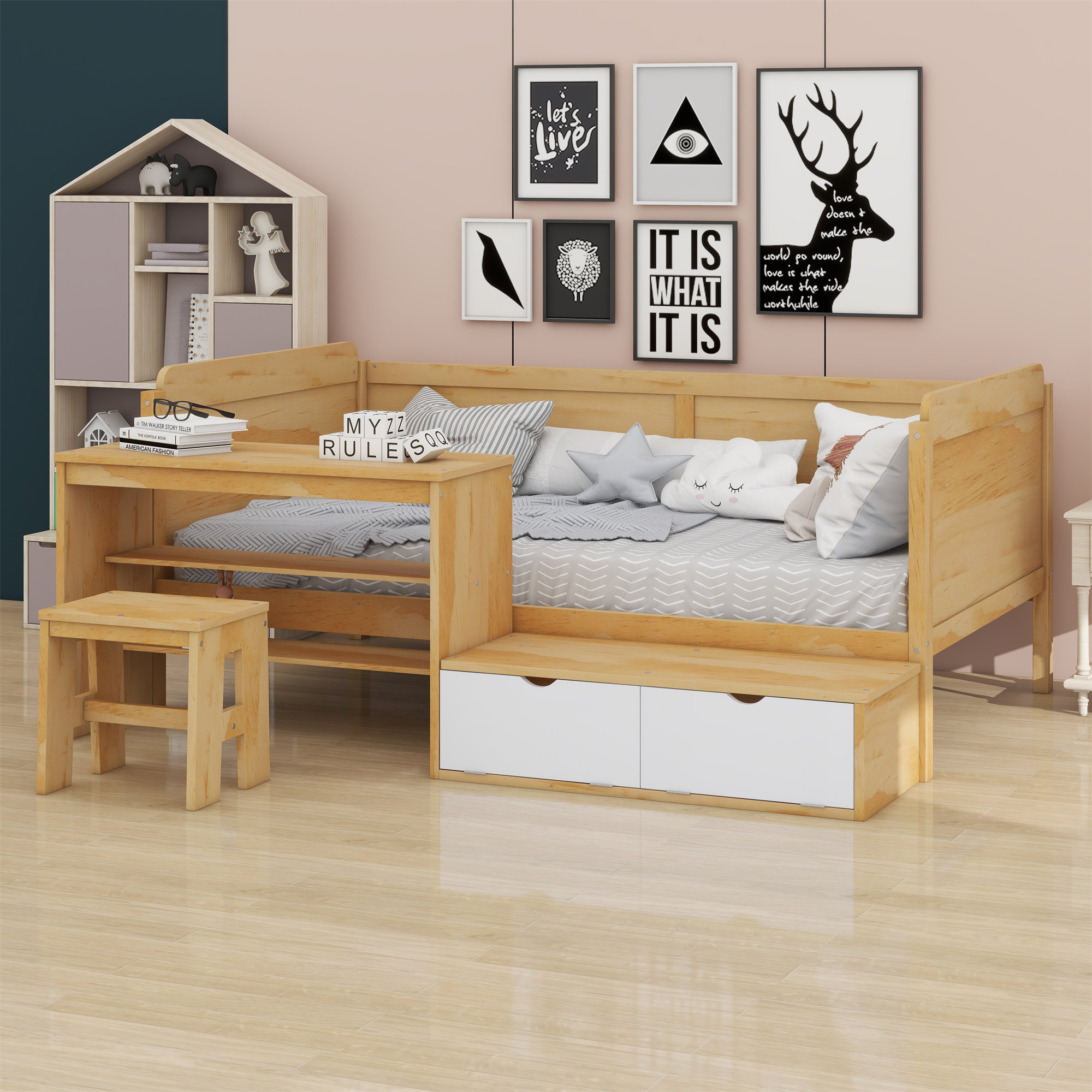 Harriet Bee Wooden Daybed With Storage Shelves,Lockers,Study Desk And ...