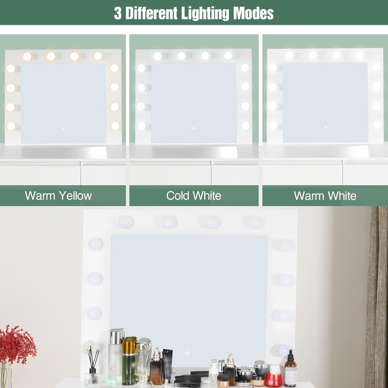 Latitude Run® White makeup vanity with holleywood mirror and led lights ...