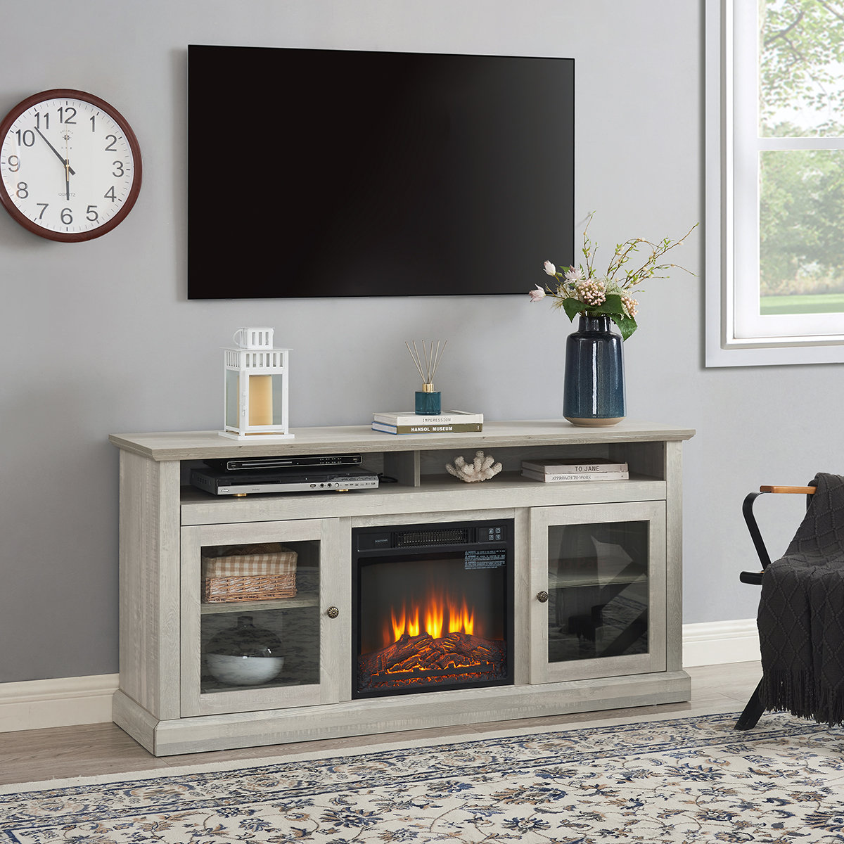 Gracie Oaks Modern TV Media Stand with Fireplace Insert and Versatile ...