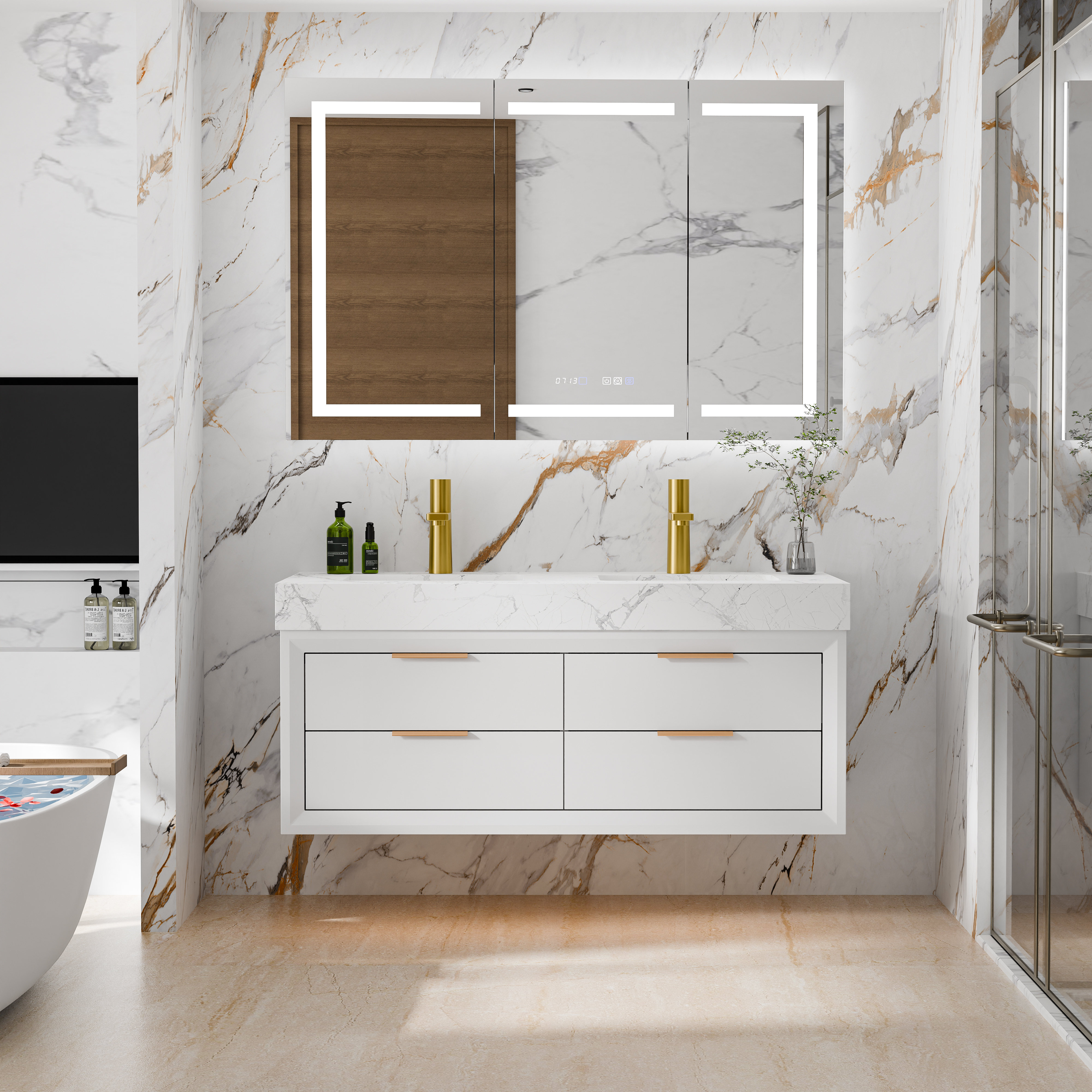 Everly Quinn Lumino 48'' Wall-Mounted Double Sink Bathroom Vanity with ...