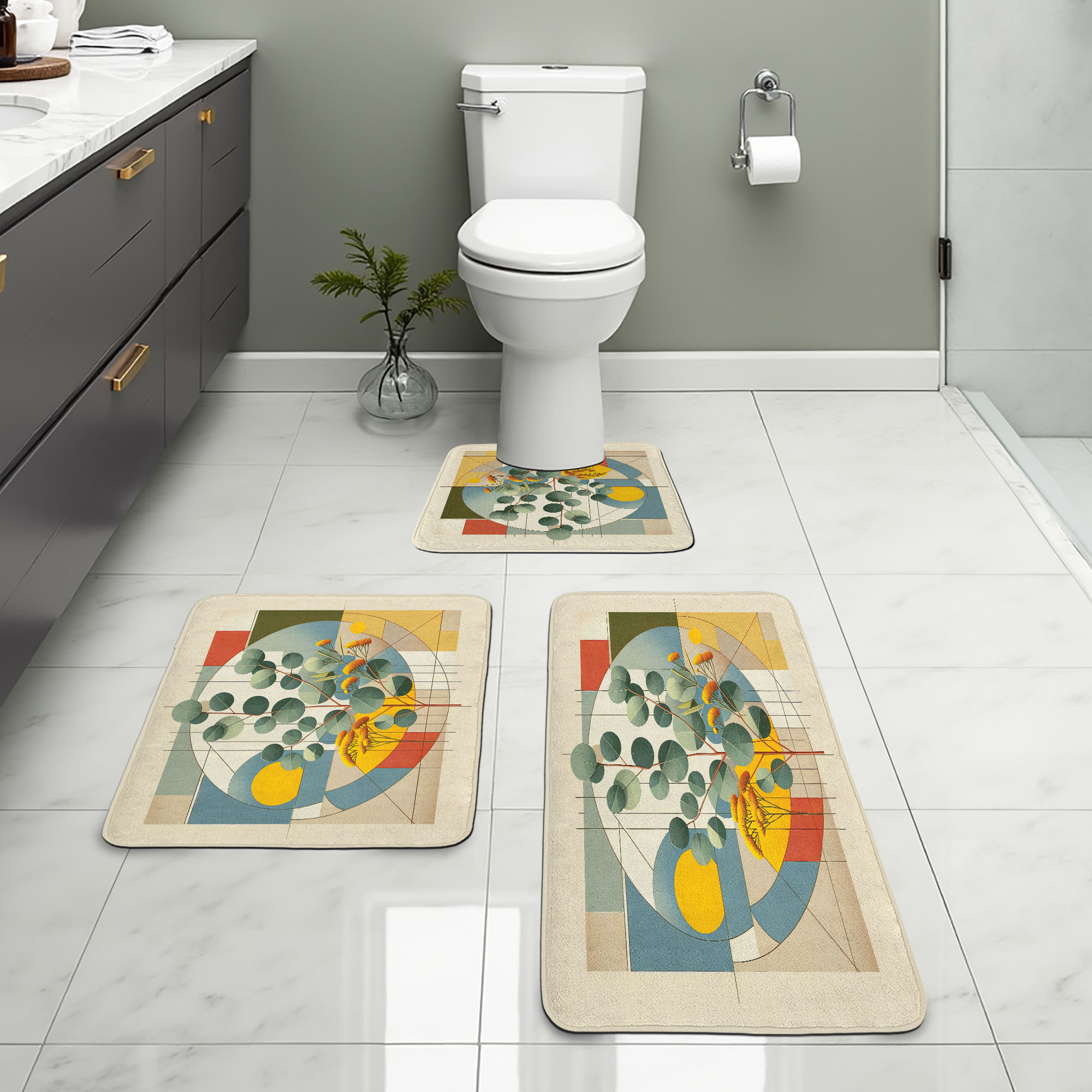East Urban Home Eucalyptus Leaves Bathroom Rug Set 3 Pieces U-Shape ...