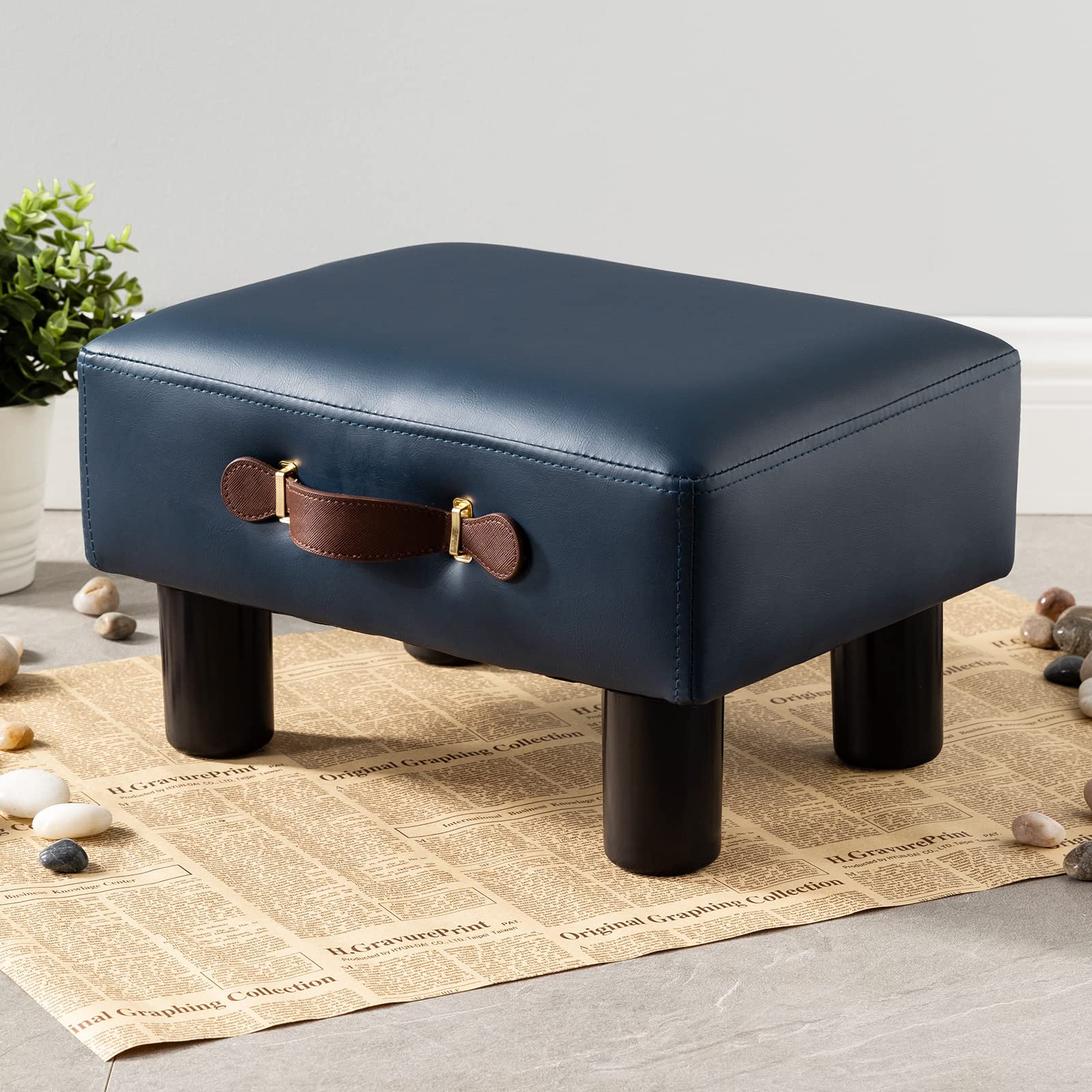 Ebern Designs Small Foot Stool With Handle, Blue PU Leather Short Foot ...