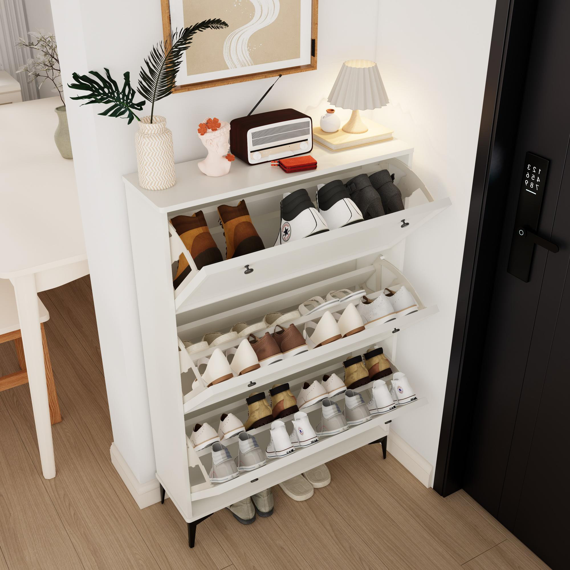 Latitude Run® Modern and stylish white shoe cabinet with 3 flip drawers ...